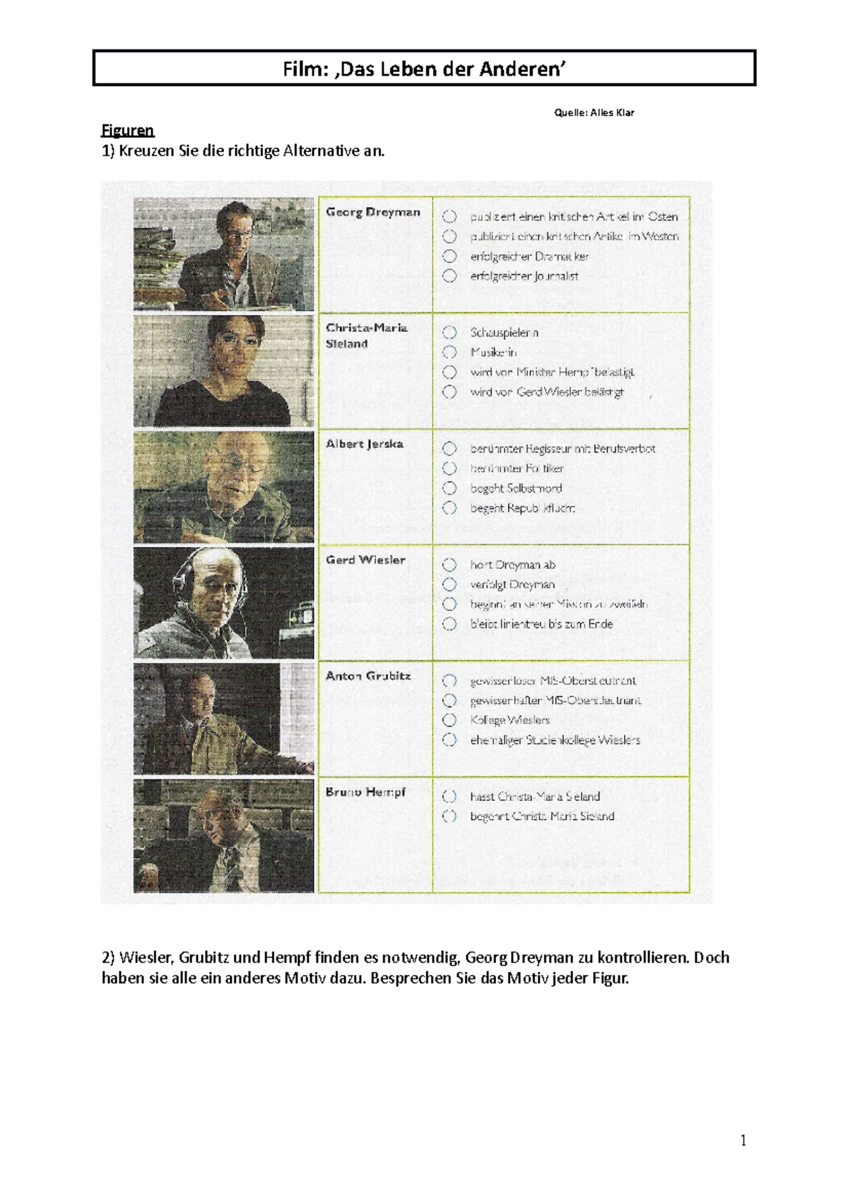 Das Leben der Anderen - Quelle: Alles Klar Figuren Kreuzen Sie die ...