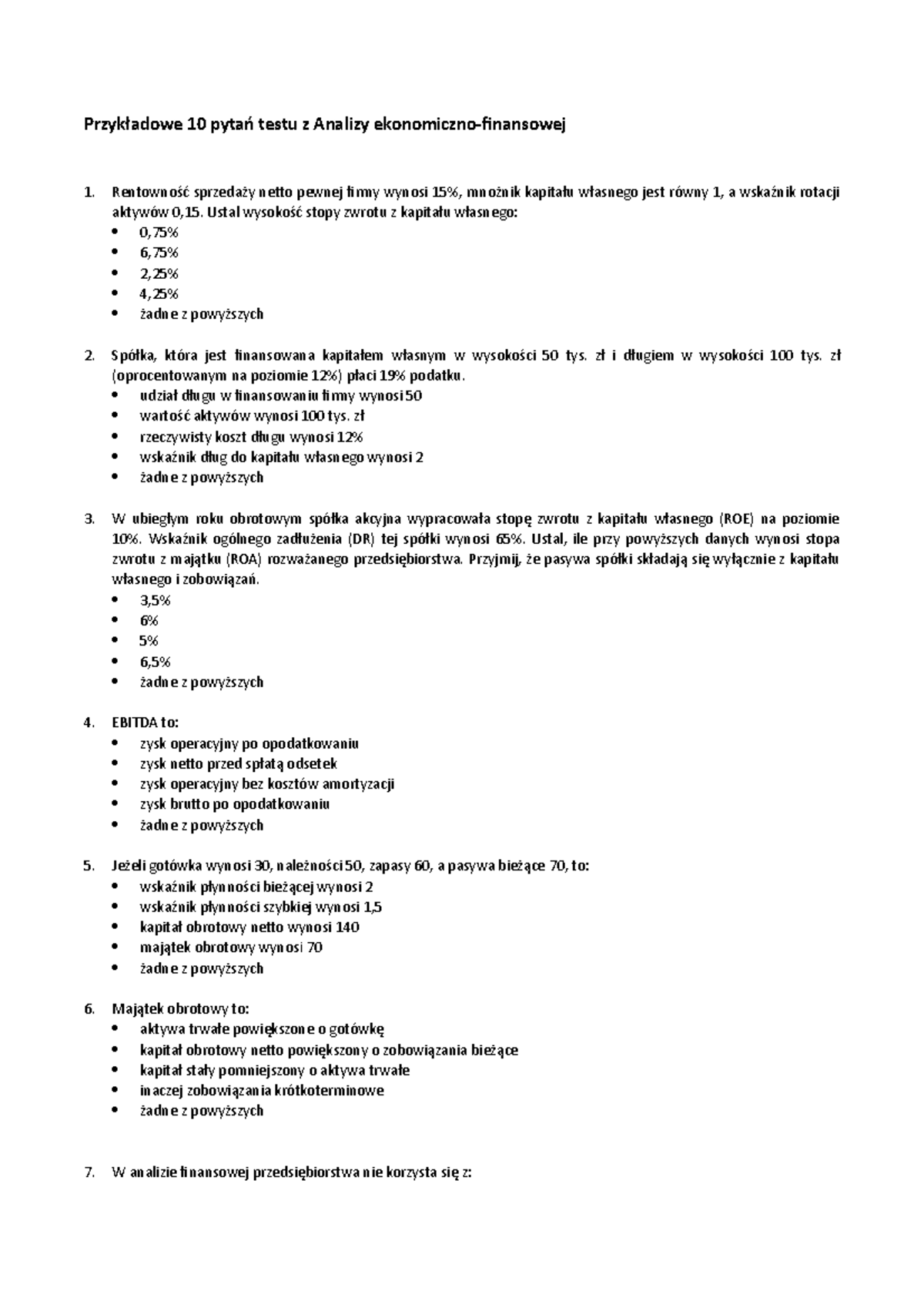 Pytania test analiza - Przykładowe 10 pytań testu z Analizy ekonomiczno ...