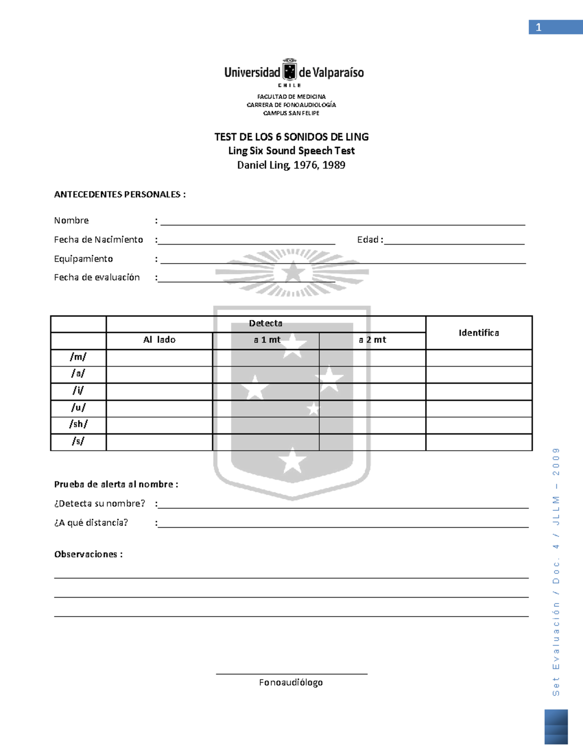 Protocolo TEST DE LING - Test para AUDICIÓN en niños - 1 FACULTAD DE ...