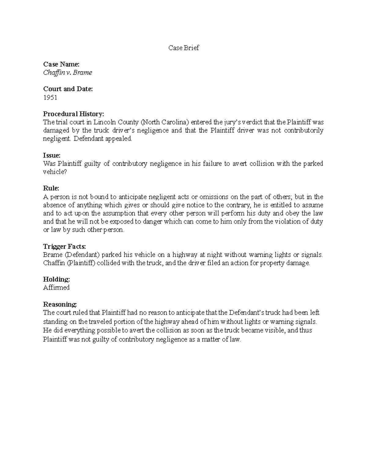 Chaffin v. Brame - Casebrief for Torts - Case Brief Case Name: Chaffin ...