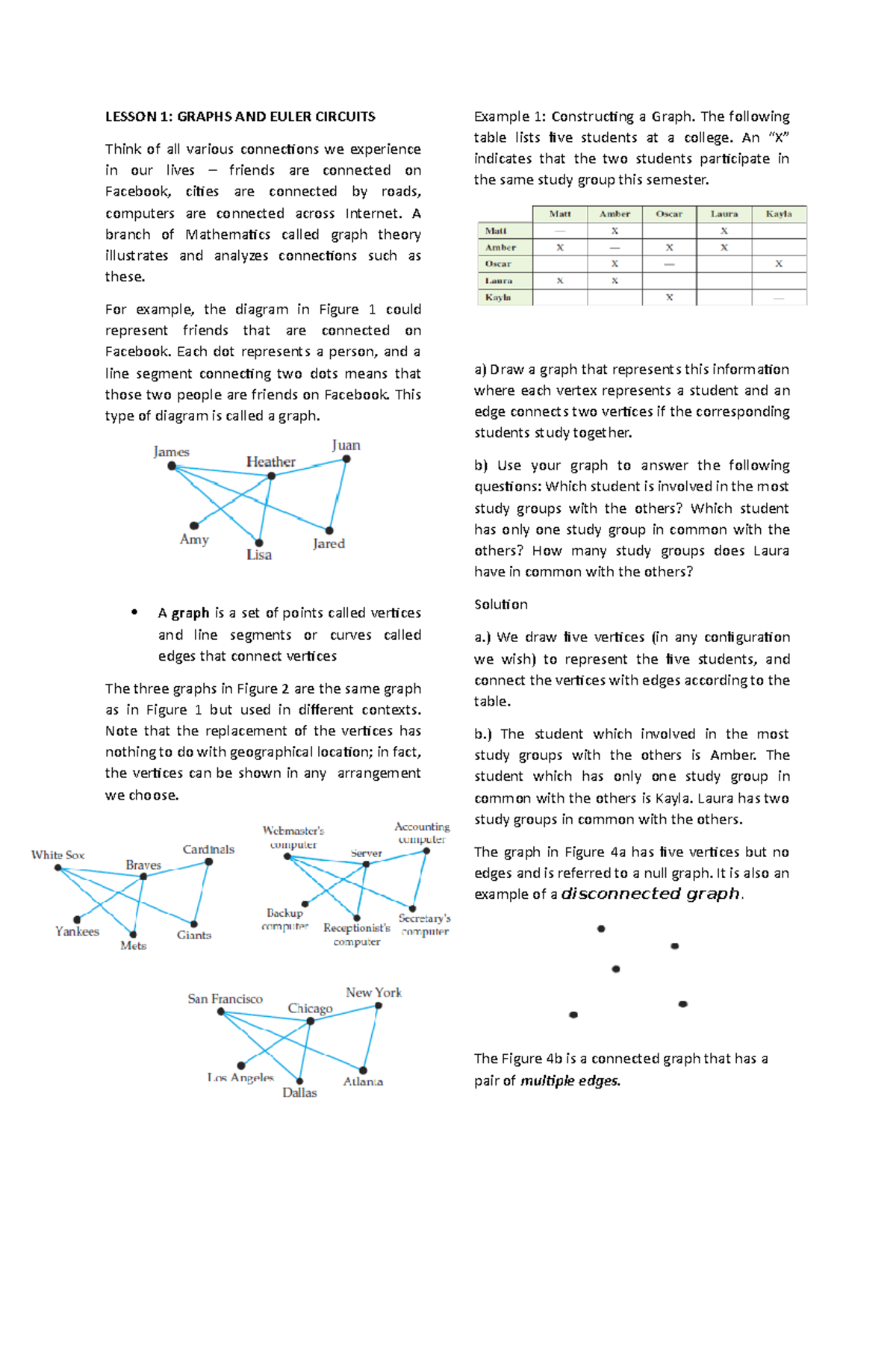 MATH MOD 6 Reviewer - LESSON 1: GRAPHS AND EULER CIRCUITS Think of all ...
