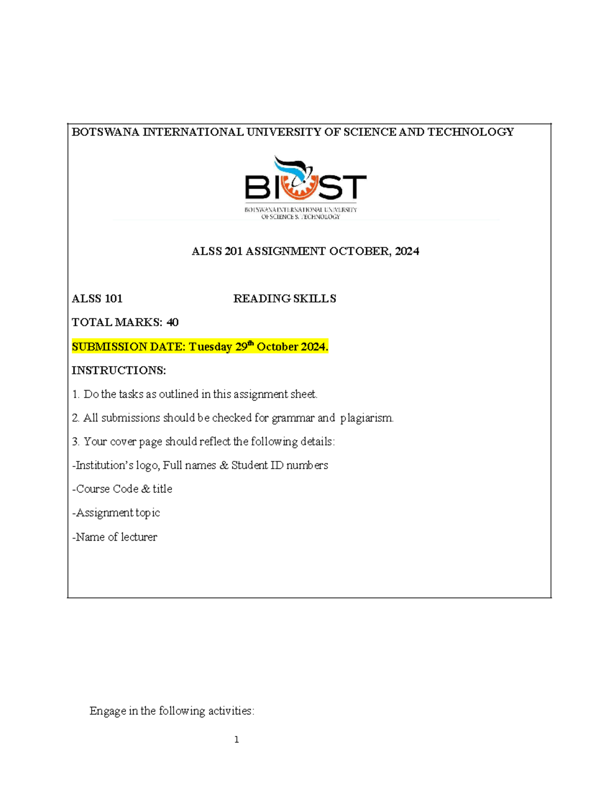 ALSS%2010 1%20 Assignment%20 October%202024 - 1 BOTSWANA INTERNATIONAL UNIVERSITY OF SCIENCE AND ...
