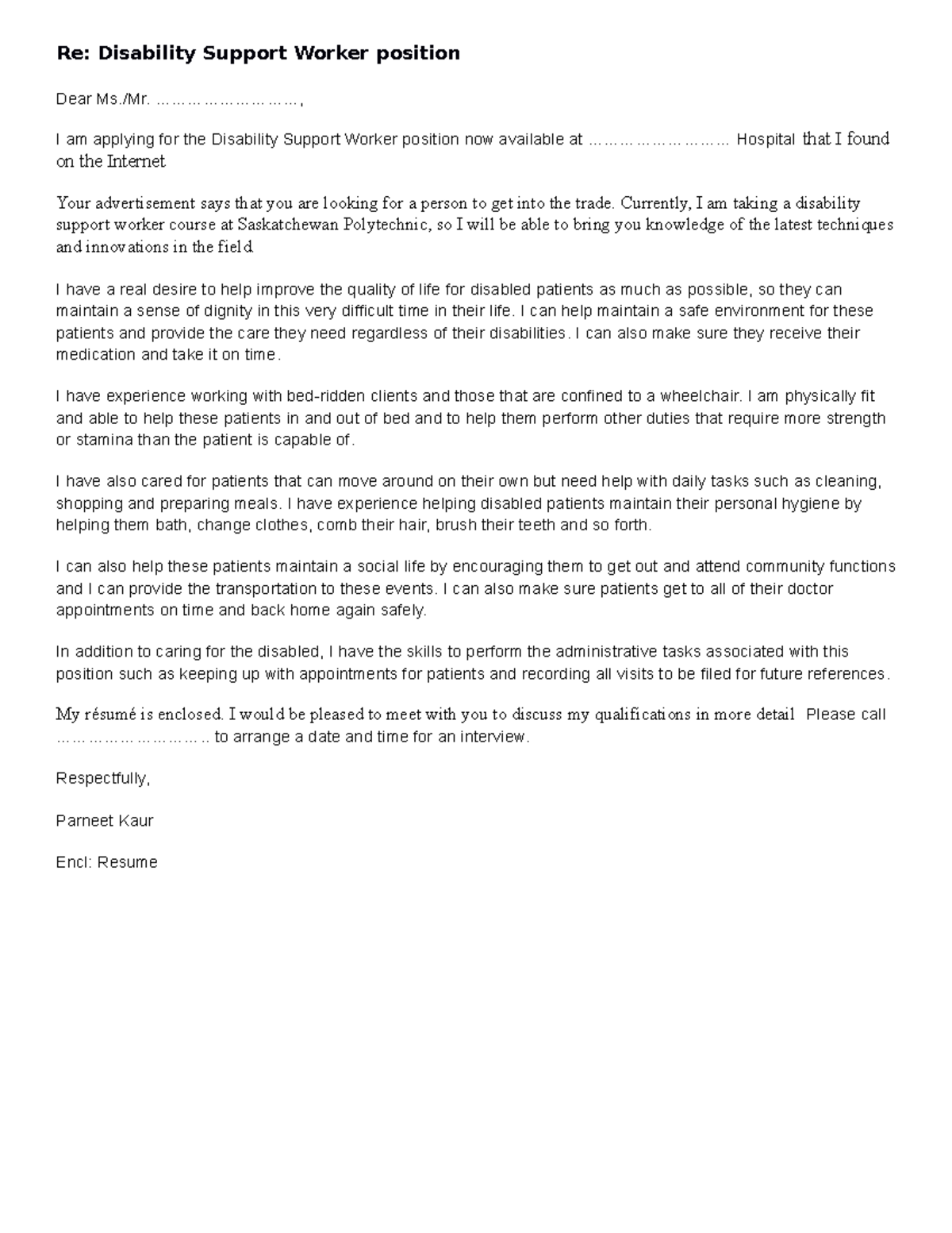 Letter - Lecture notes 2 - Re: Disability Support Worker position Dear ...