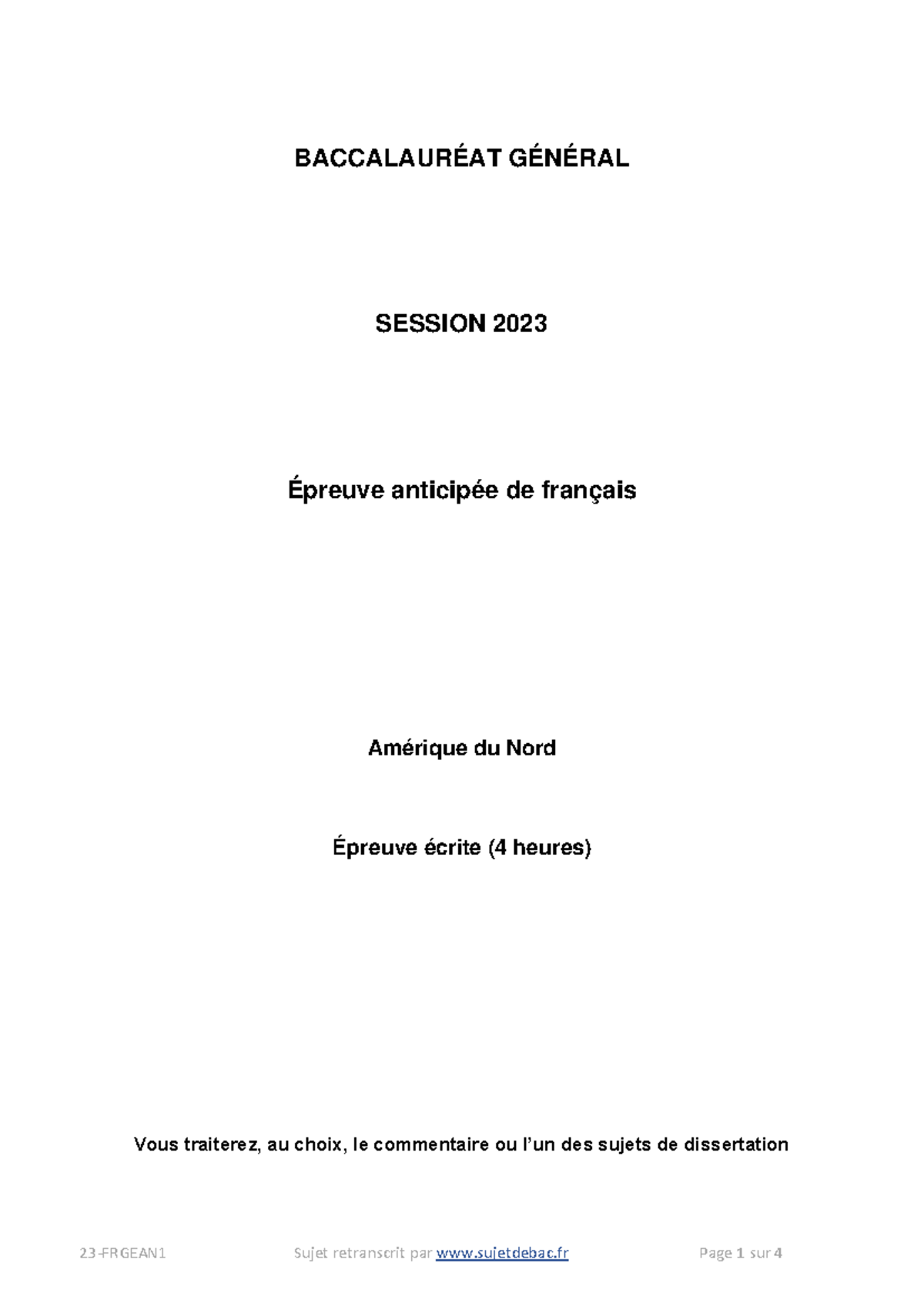 Francais premiere 2023 amerique nord sujet officiel - BACCALAURÉAT ...