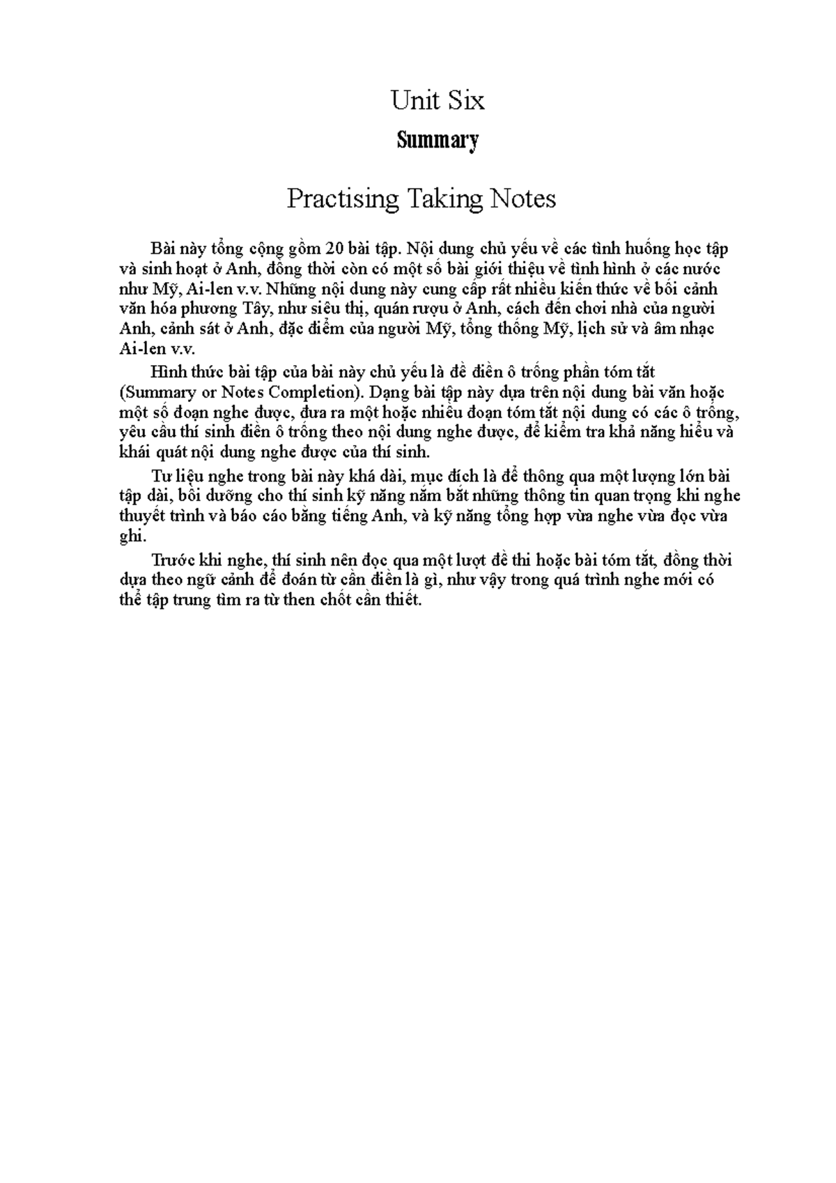Unit 6 - nqjnansw - Unit Six Summary Practising Taking Notes Bài này ...