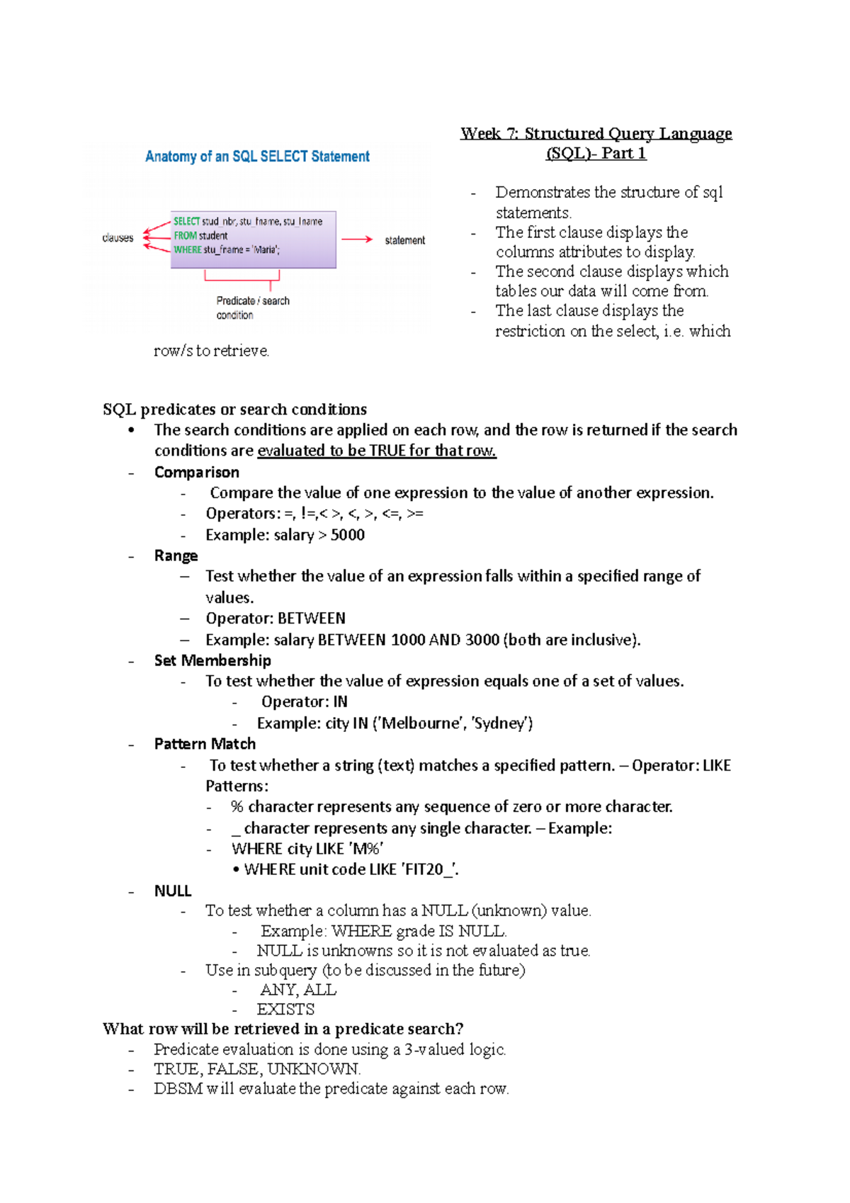 Week 7 notes - SQL - Week 7: Structured Query Language (SQL)- Part 1 ...