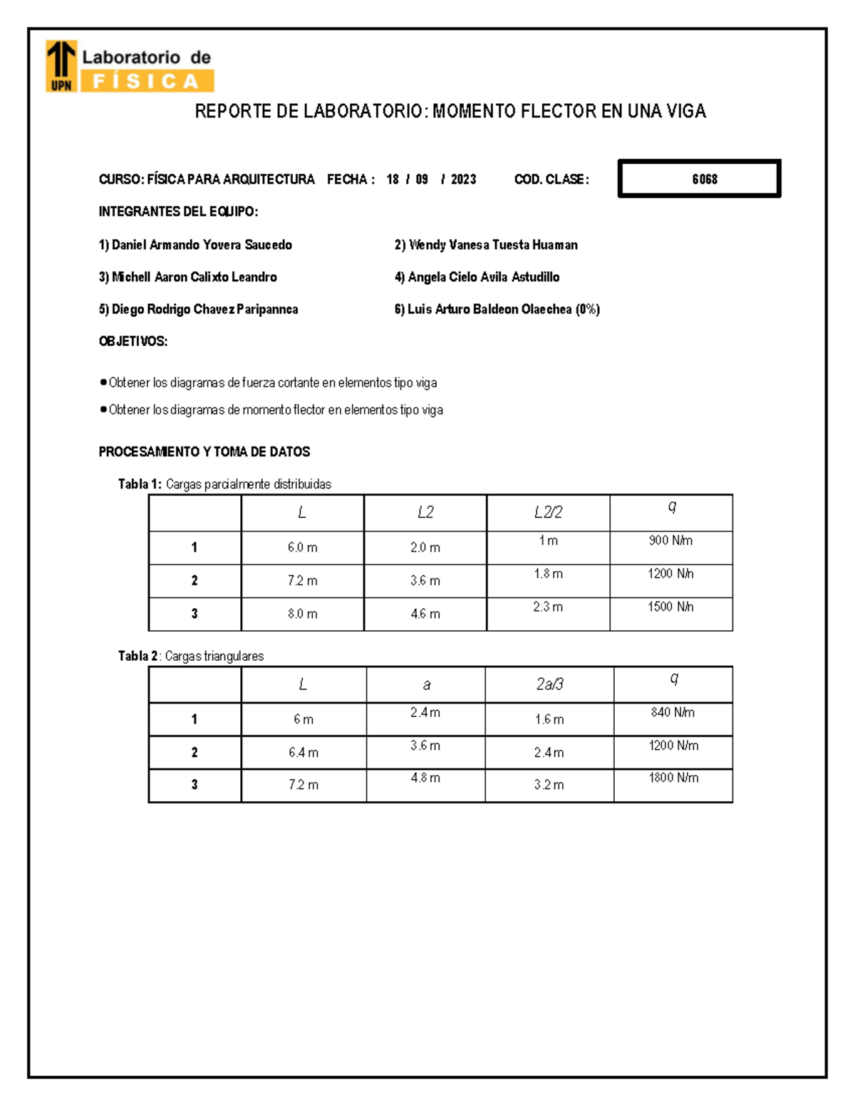 Reporte LAB Fisiarq S10 MF Grupo 1 - REPORTE DE LABORATORIO: MOMENTO FLECTOR EN UNA VIGA CURSO ...