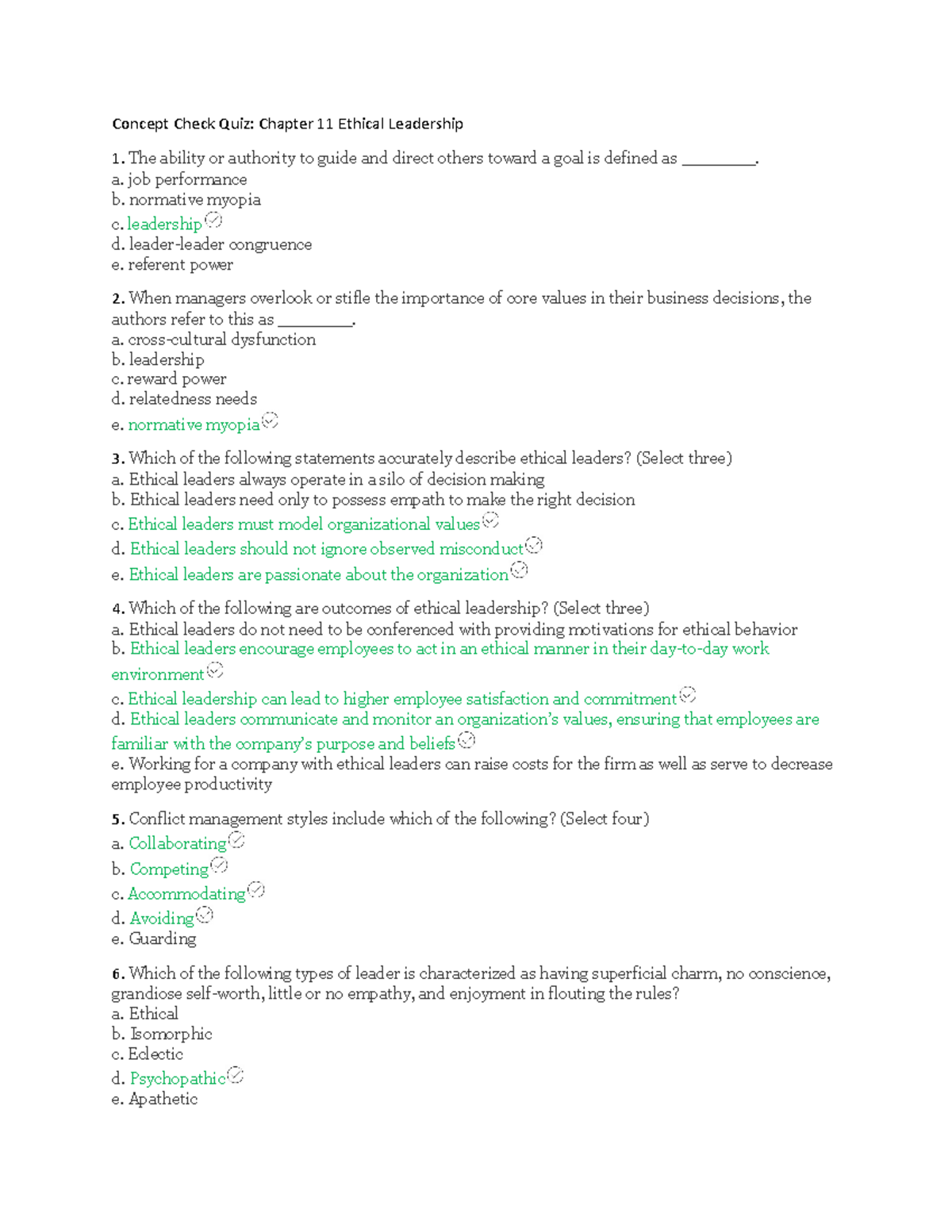Concept Check Quiz Chapter 11 - a. job performance b. normative myopia ...
