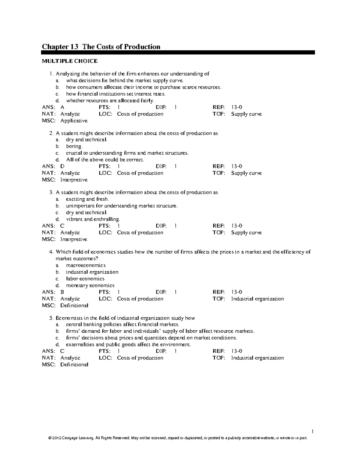 Chapter 13 Test Bank Final 1 Chapter 13 The Costs Of Production