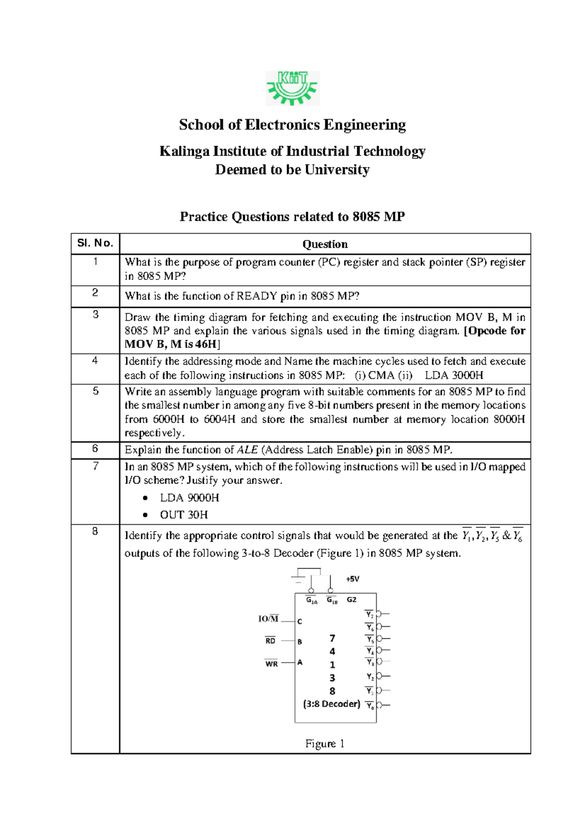 Practice questions 8085 - School of Electronics Engineering Kalinga ...