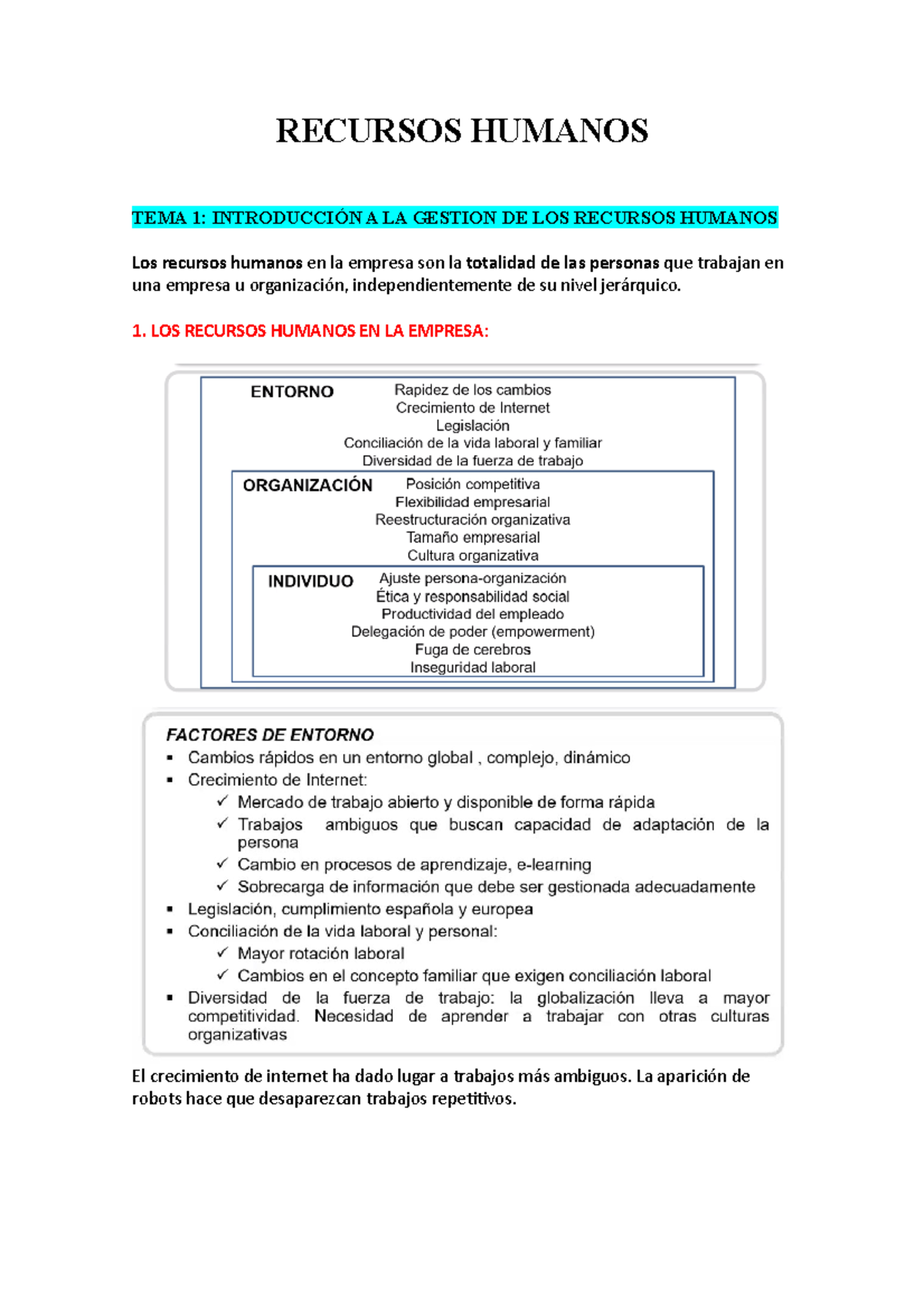 Recursos Humanos - RECURSOS HUMANOS TEMA 1: INTRODUCCIÓN A LA GESTION DE LOS RECURSOS HUMANOS ...