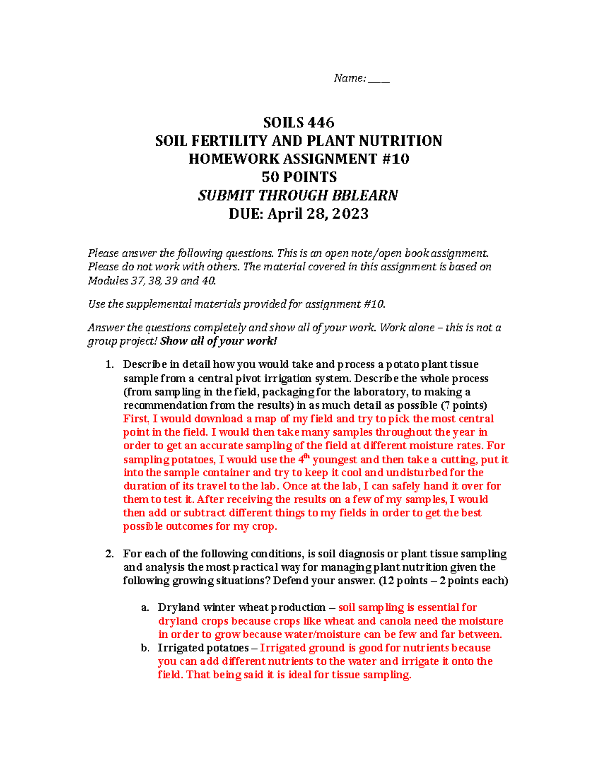 Soils 446S2023HWK10 - hw 10 - Name: _____ SOILS 446 SOIL FERTILITY AND PLANT NUTRITION HOMEWORK ...