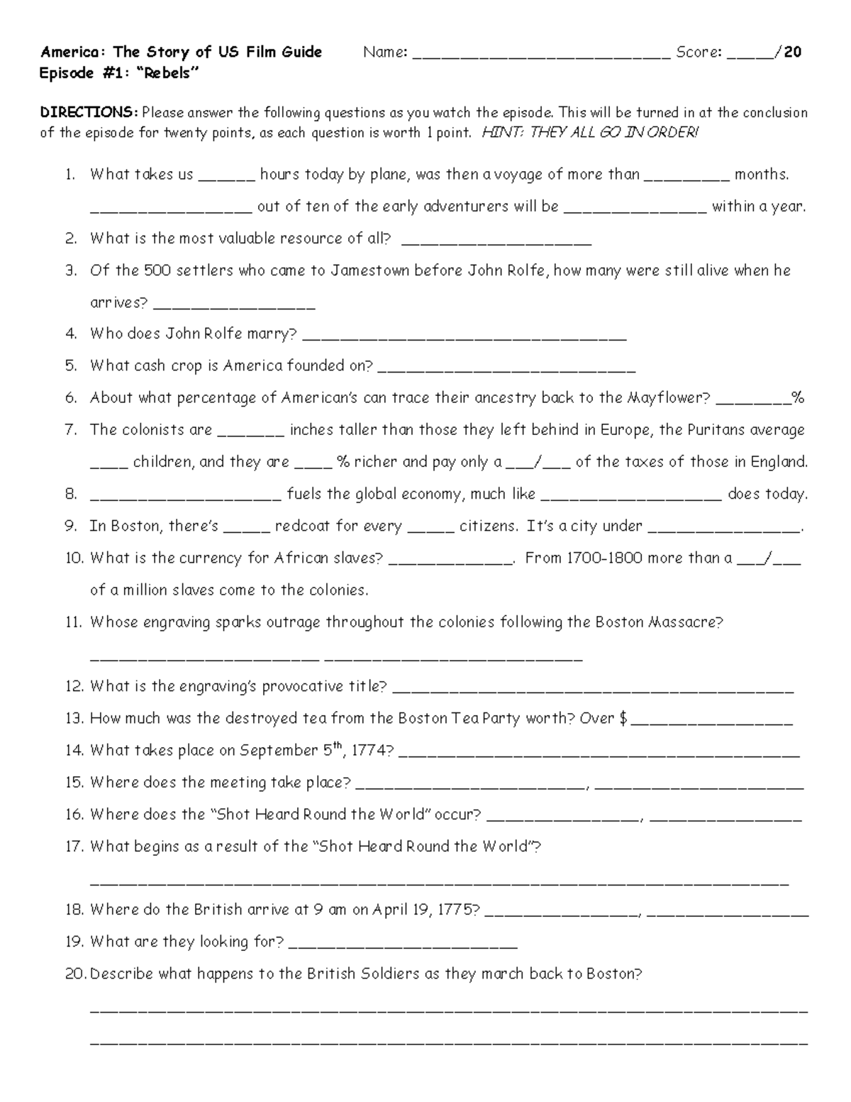 America The Storyof Us Episode 1Rebels Film Guide Answer Key - America ...