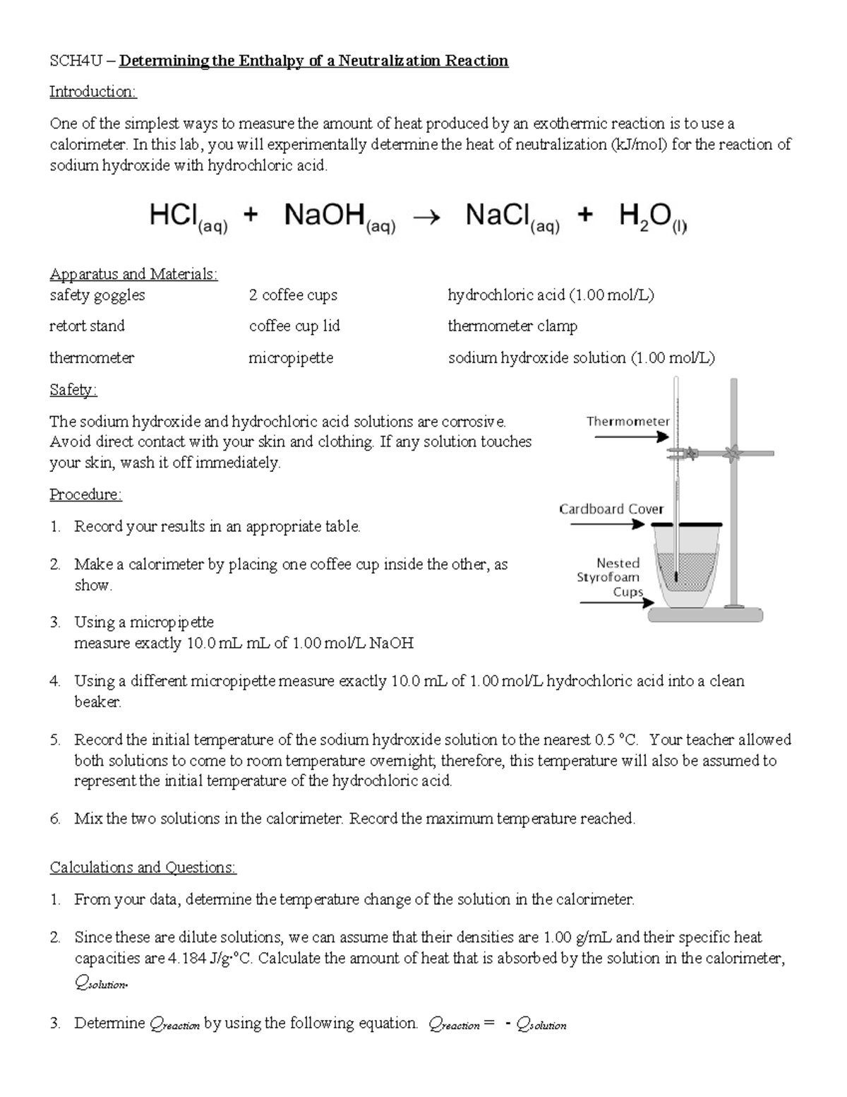SCH4U Lab Determining the Enthalpy of a Neutralization Reaction using ...
