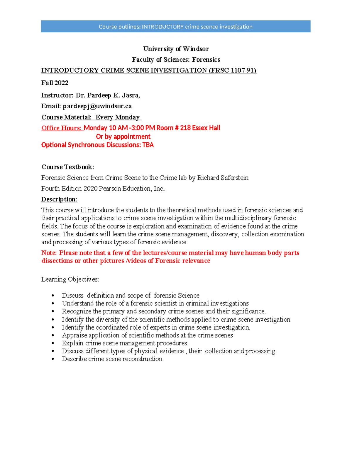 Course Outlines Fall 2022 FRSC 1107-91 - University of Windsor Faculty ...