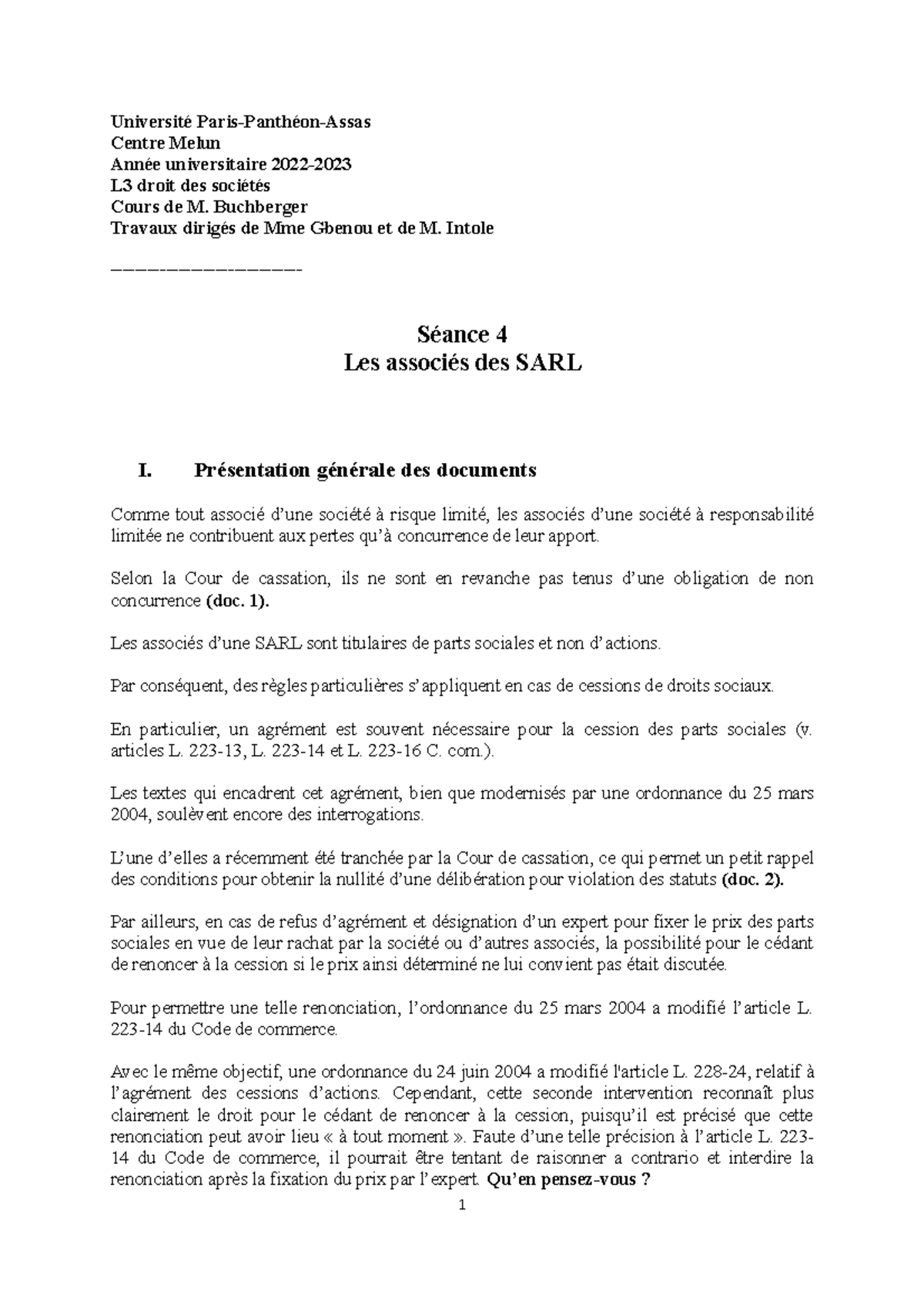 Fiche 4 Les associés de la SARL - Université Paris-Panthéon-Assas ...