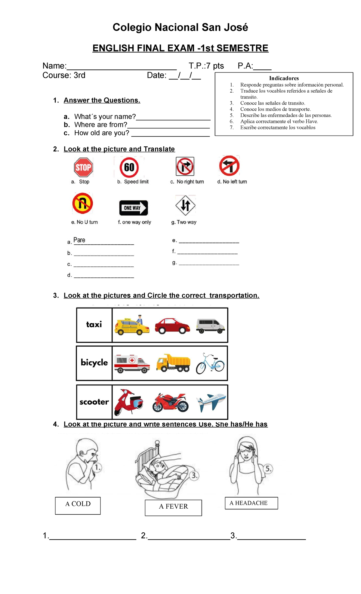 Examen ingles con - Colegio Nacional San José ENGLISH FINAL EXAM -1st ...