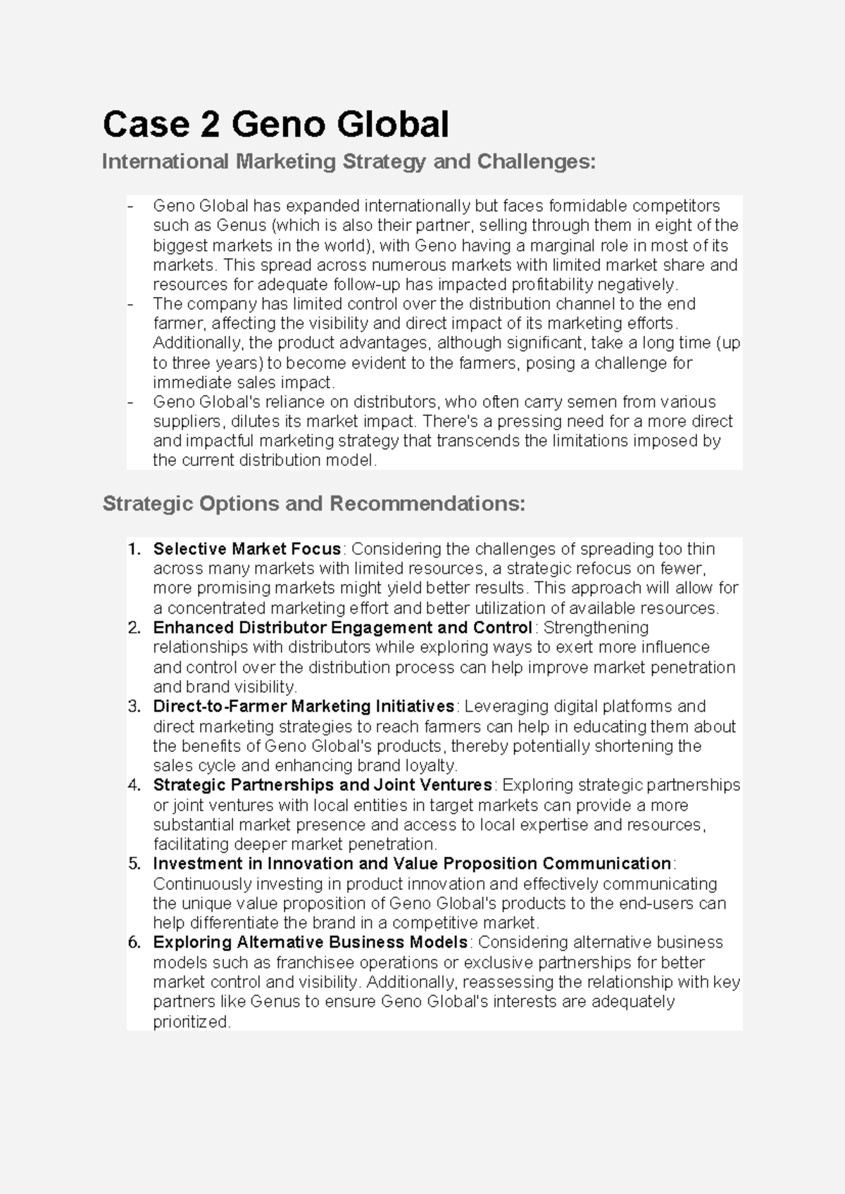 Geno Global Case Prep - Notes for discussion - Case 2 Geno Global ...