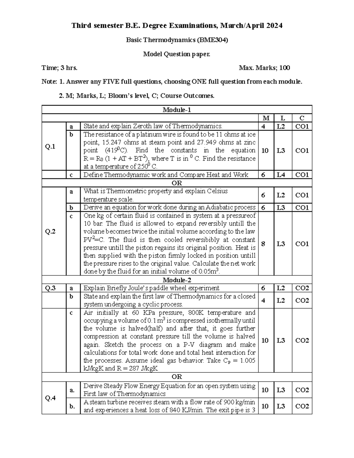 BME304 - Third semester B. Degree Examinations, March/April 2024 Basic Thermodynamics (BME304 ...