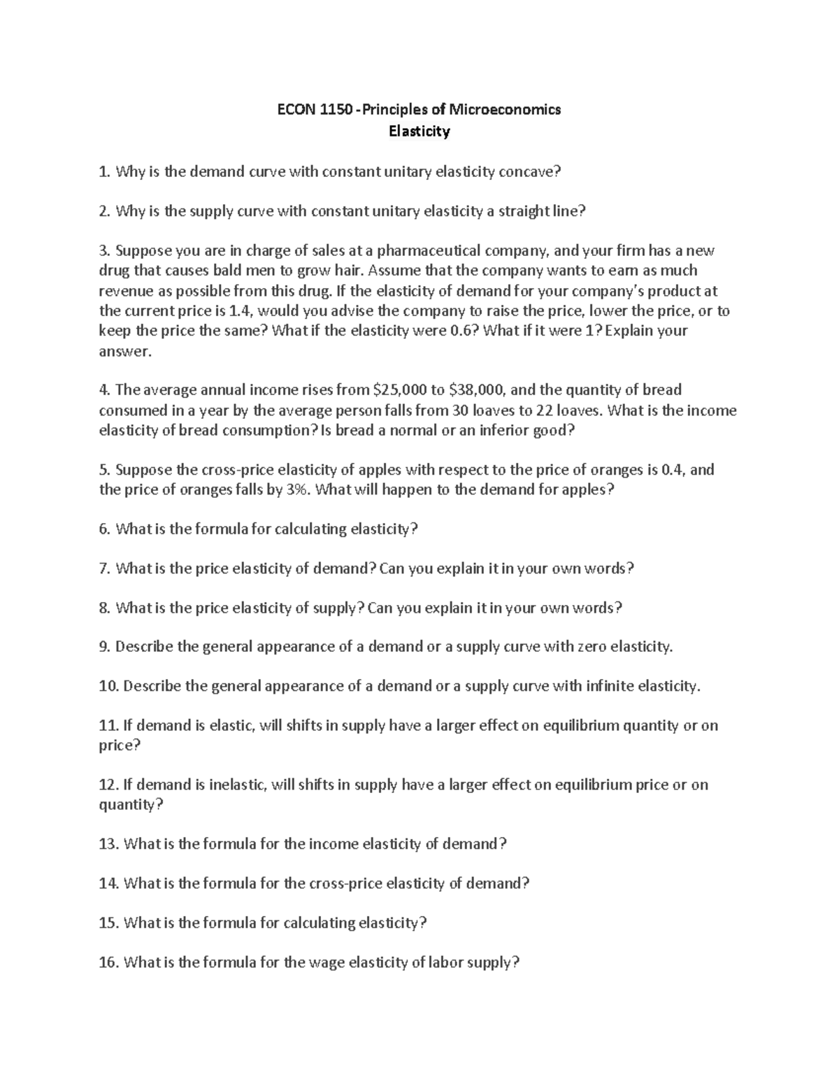 ECON 1150 Elasticity short answer questions - ECON 1150 -Principles of Microeconomics Elasticity ...