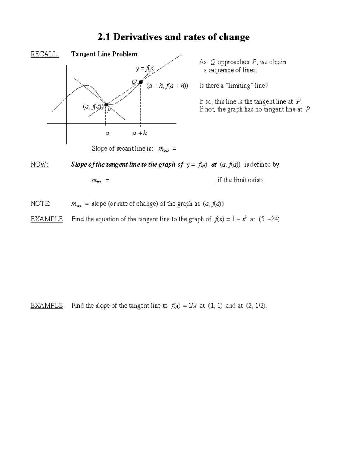 Lecture notes, lecture 2 - 2 Derivatives and rates of change RECALL ...