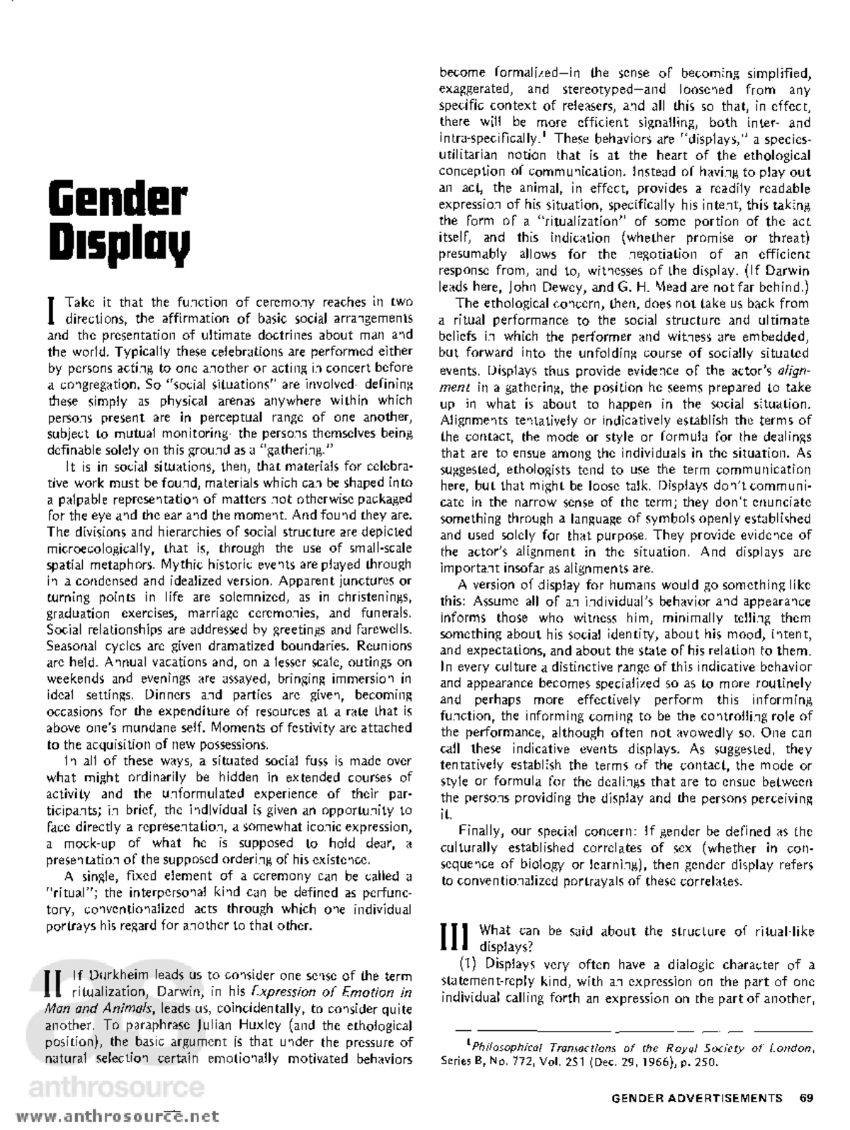 Goffman Gender Display - Gender Display I Take it that the function of ...