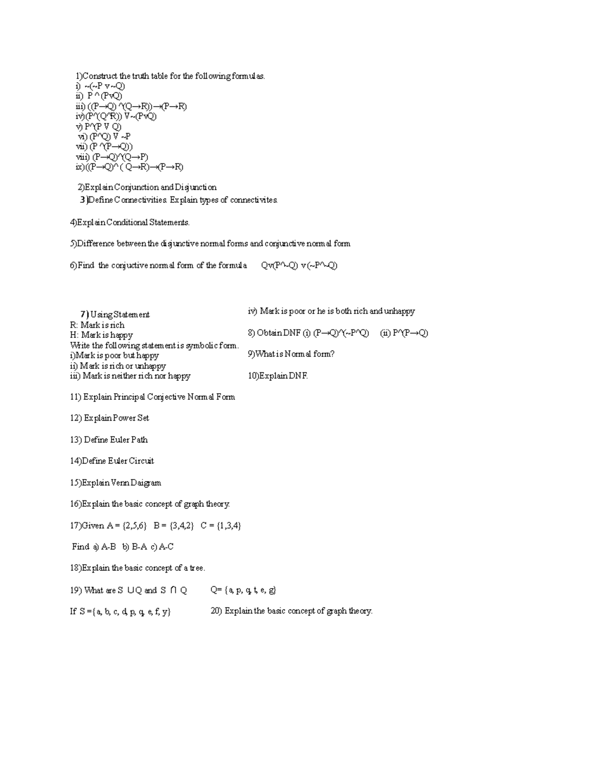 Dm question bank - 1)Construct the truth table for the following ...