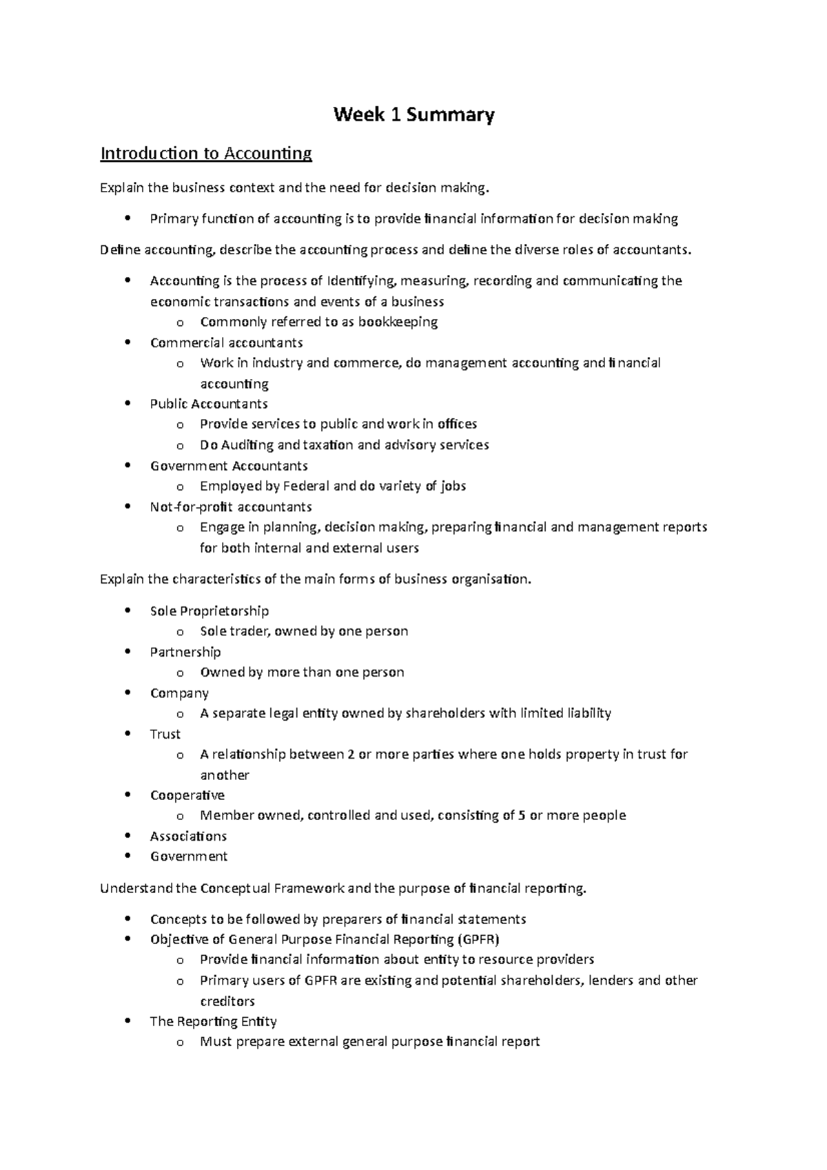 Introduction to Accounting Summary - Week 1 Summary Introduction to ...