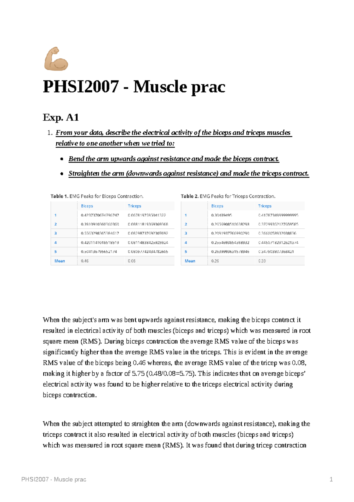PHSI2007 Lecture-PRAC Analysis - PHSI2007 - Muscle prac Exp. A From ...