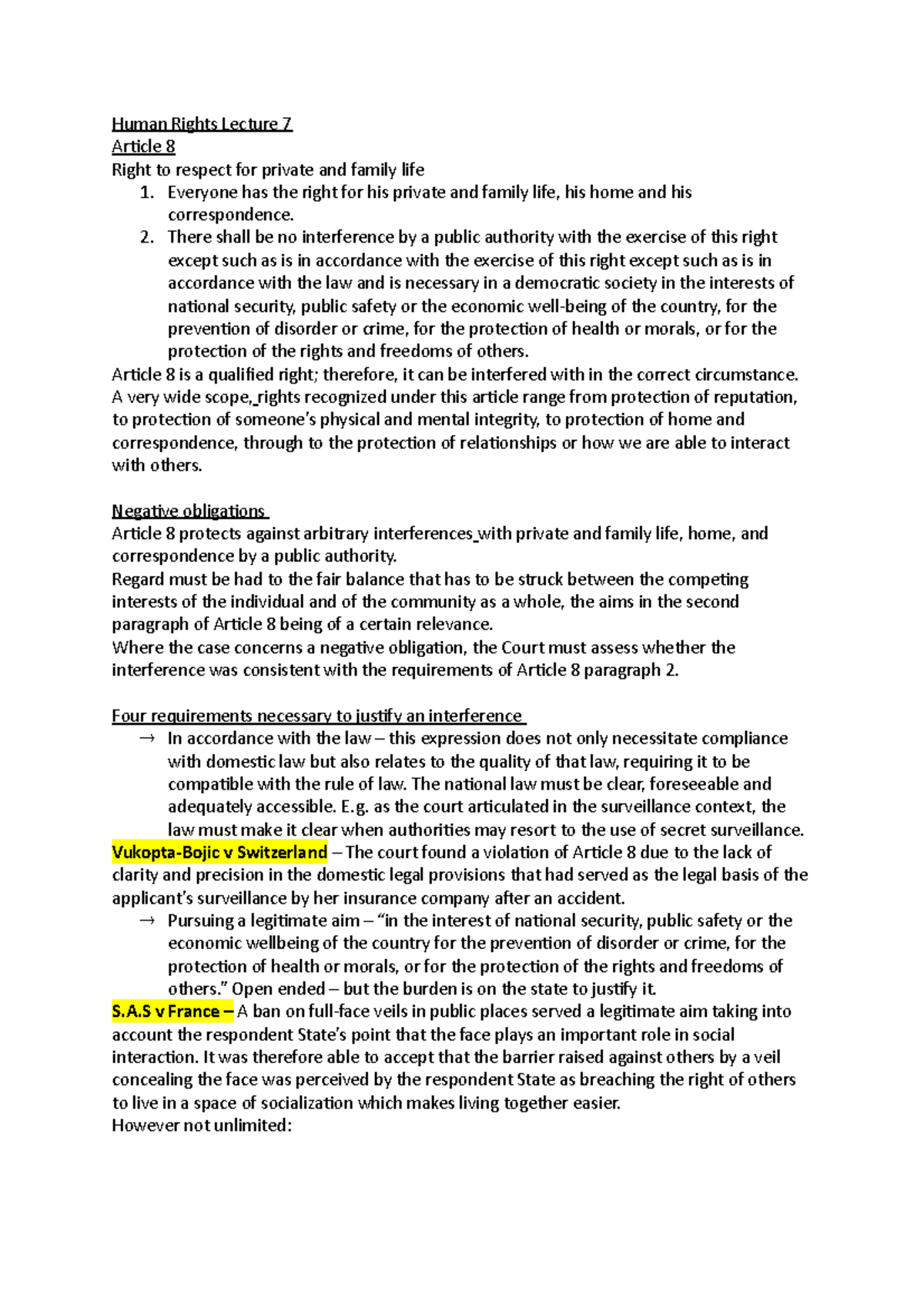 Human Rights Lecture 7 - Article 8 -University of Winchester - Karolina ...