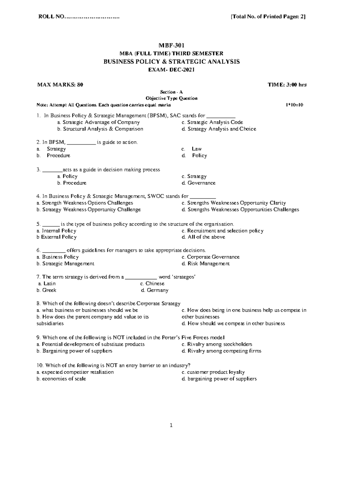 MBF 301 - N,JHBB,VB.JB.N/B /BN - 1 ROLL NO ...