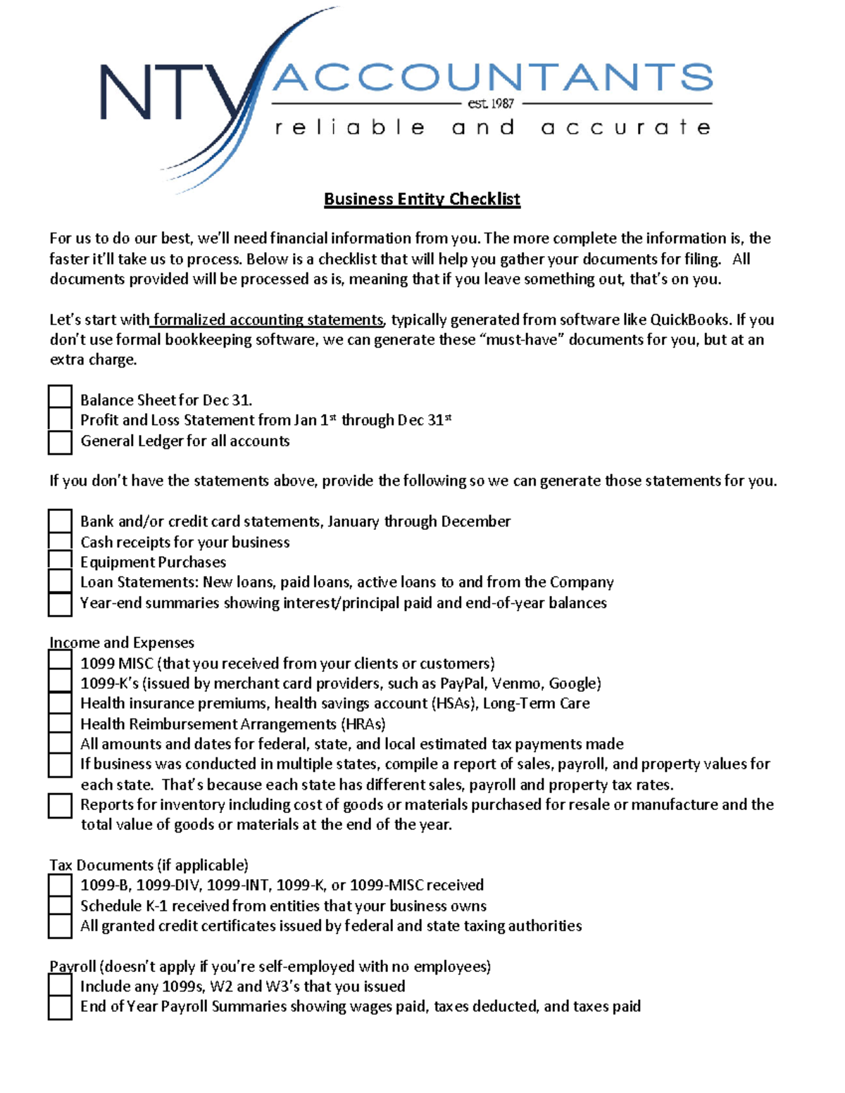 Business Entity Checklist pdf - Business Entity Checklist For us to do our best, we’ll need ...