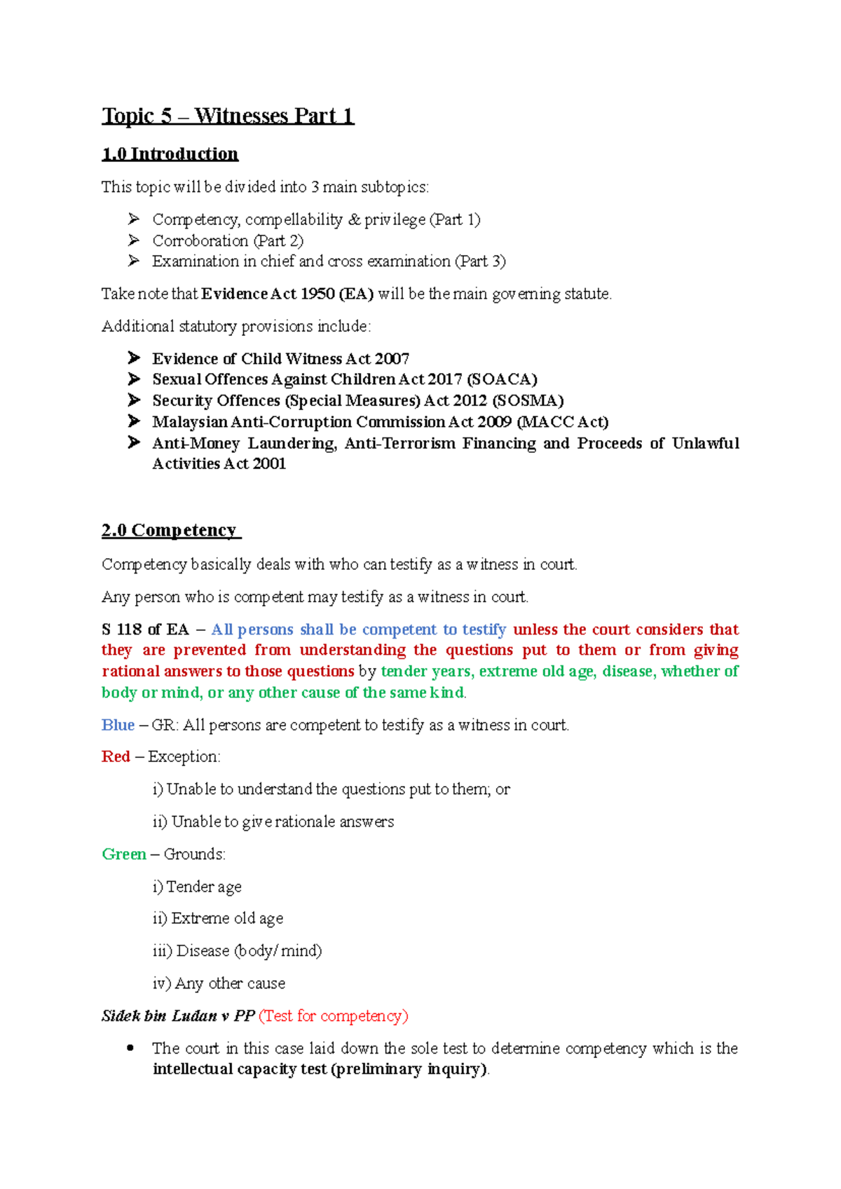 5 Witnesses Part 1 - notes - Topic 5 – Witnesses Part 1 1 Introduction ...