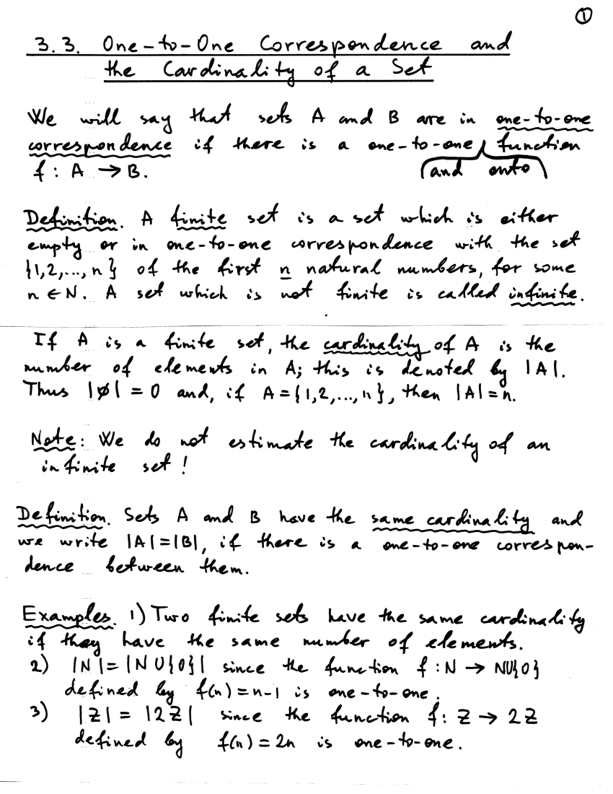 Lecture notes, lecture 3.3 - One to one correspondence and the ...