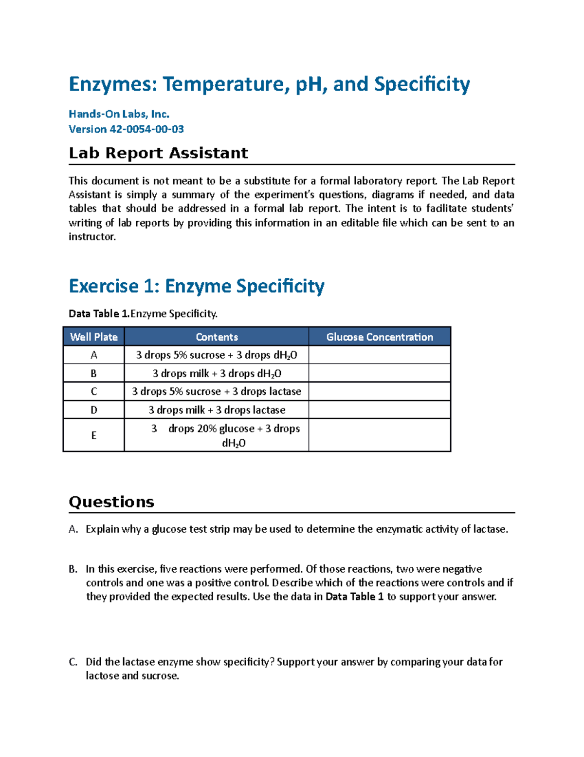 Data Table for Enzymes-Temperature, p H, and Specificity - Enzymes ...