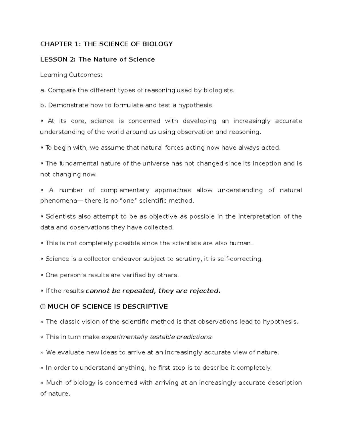 Biology - The Nature of Science Lecture Notes - CHAPTER 1: THE SCIENCE ...