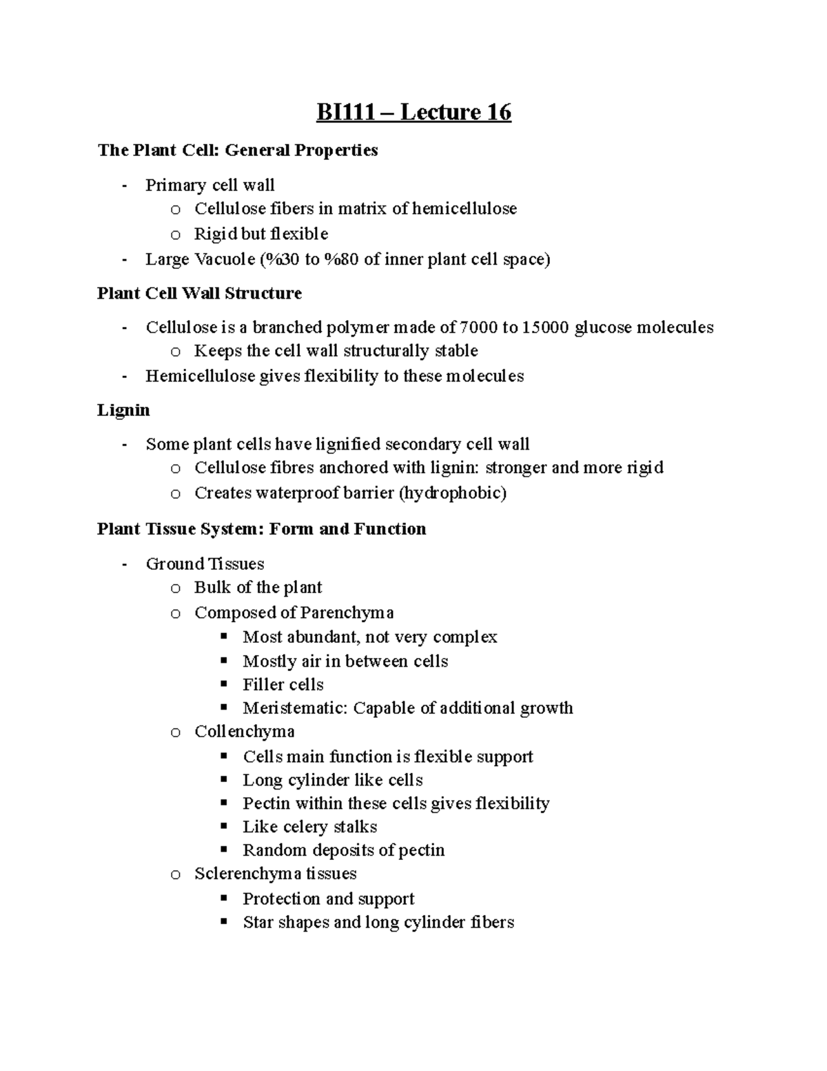 Lecture 16 - Dr. Tristan Long - BI111 – Lecture 16 The Plant Cell ...