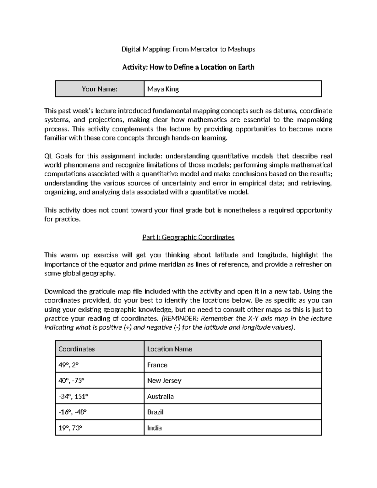 LAB 0 Digital Mapping - Digital Mapping: From Mercator to Mashups Activity: How to Define a ...