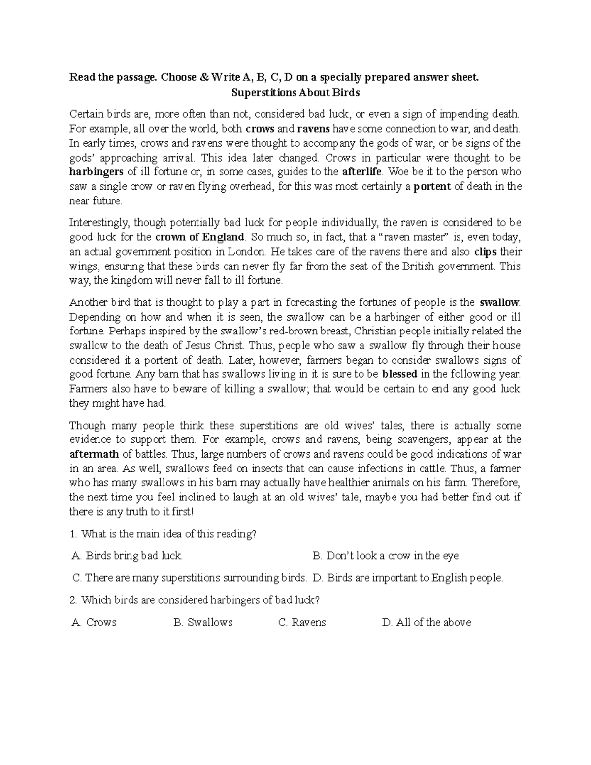 Topic-4 TEST - cvsv - Read the passage. Choose & Write A, B, C, D on a ...