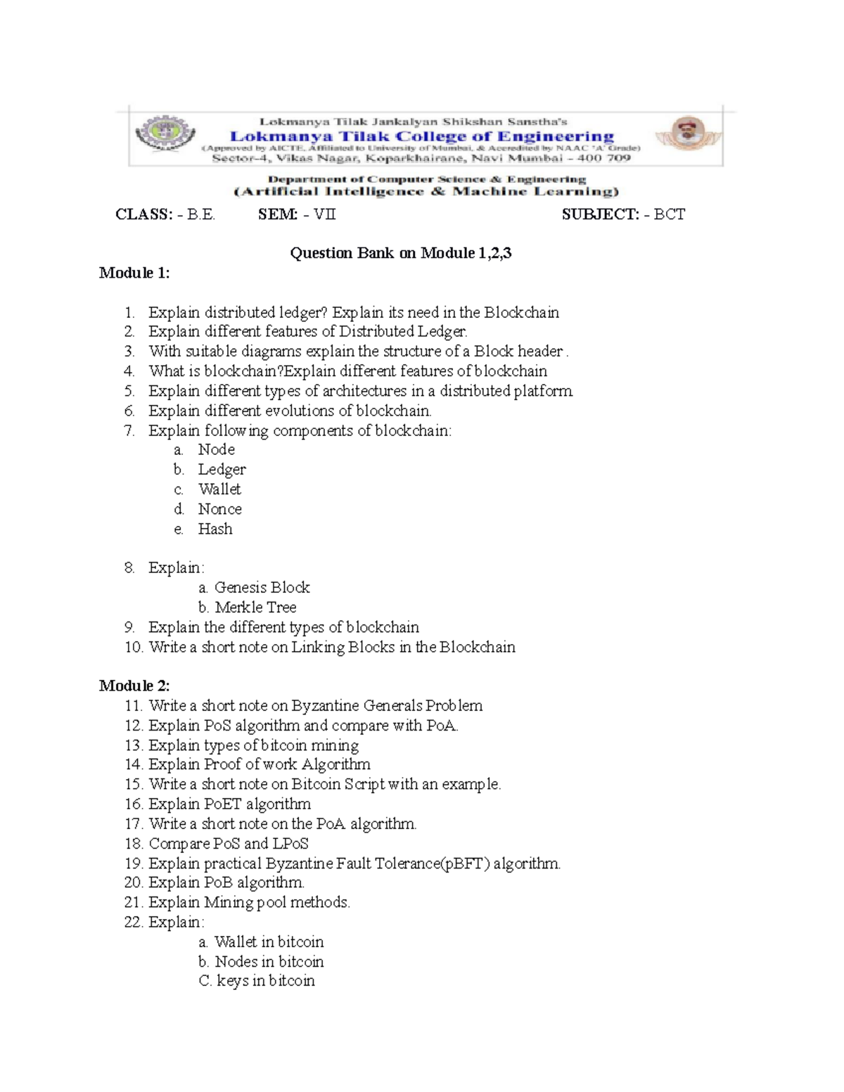 BCT Question Bank on Module 1,2,3 - CLASS: - B. SEM: - VII SUBJECT ...