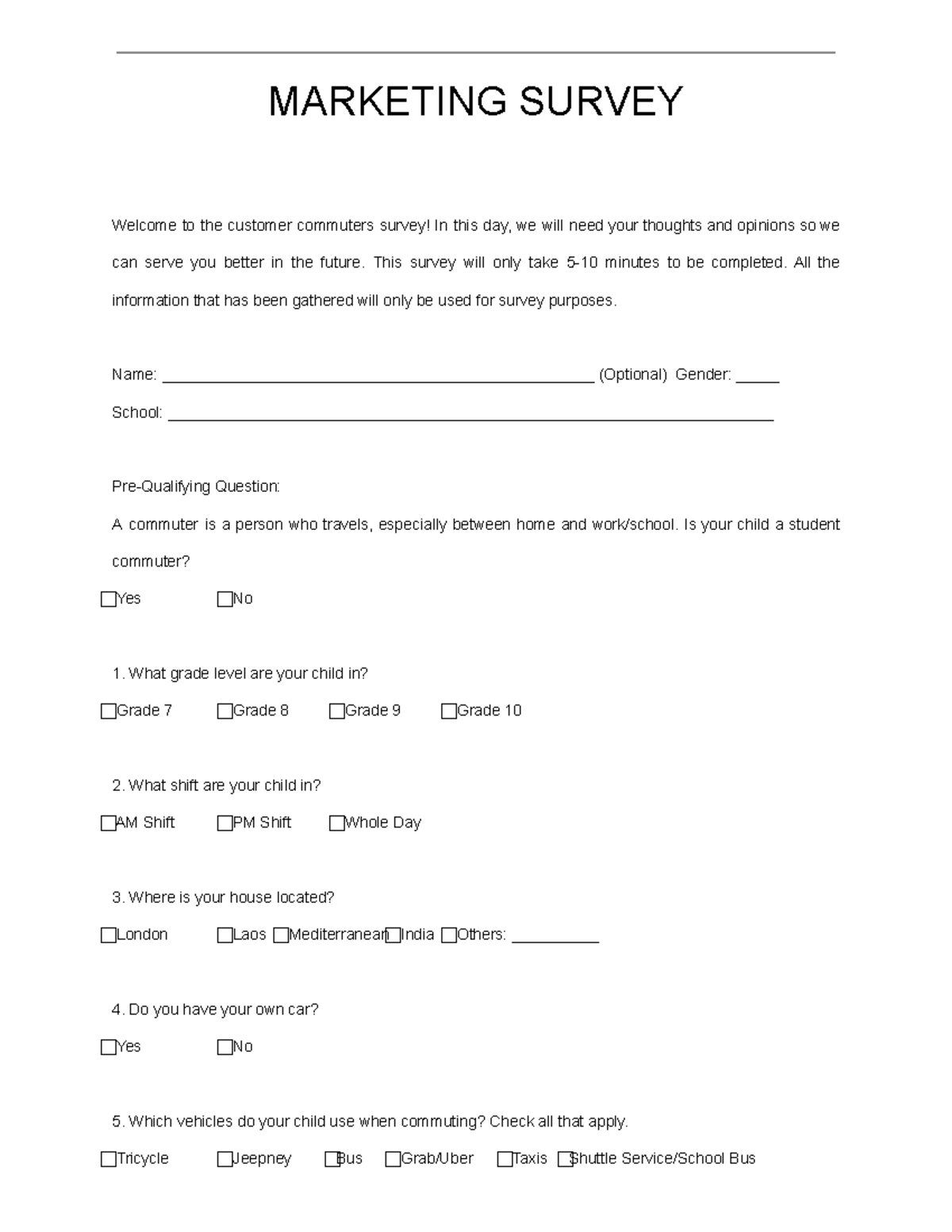 Marketing Survey Template - MARKETING SURVEY Welcome to the customer ...