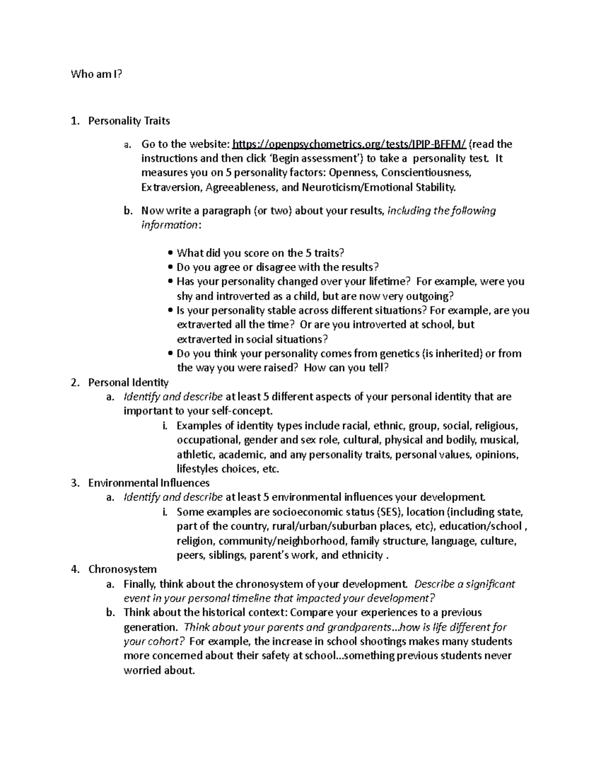 Who am I Assignment - Who am I? Personality Traits a. Go to the website ...