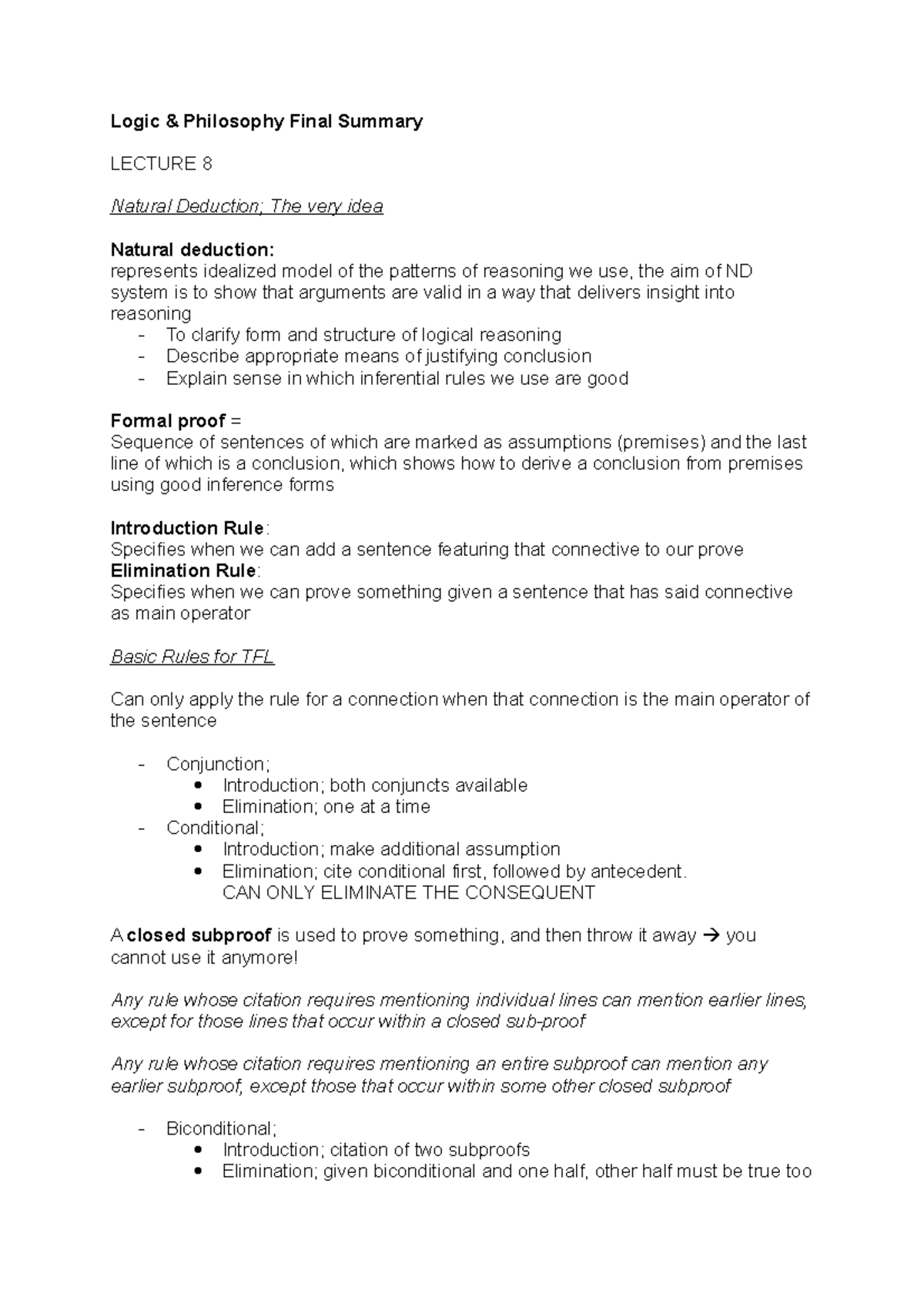 Summary Final - Natural deduction, proofs, rules for TFL and FOL ...