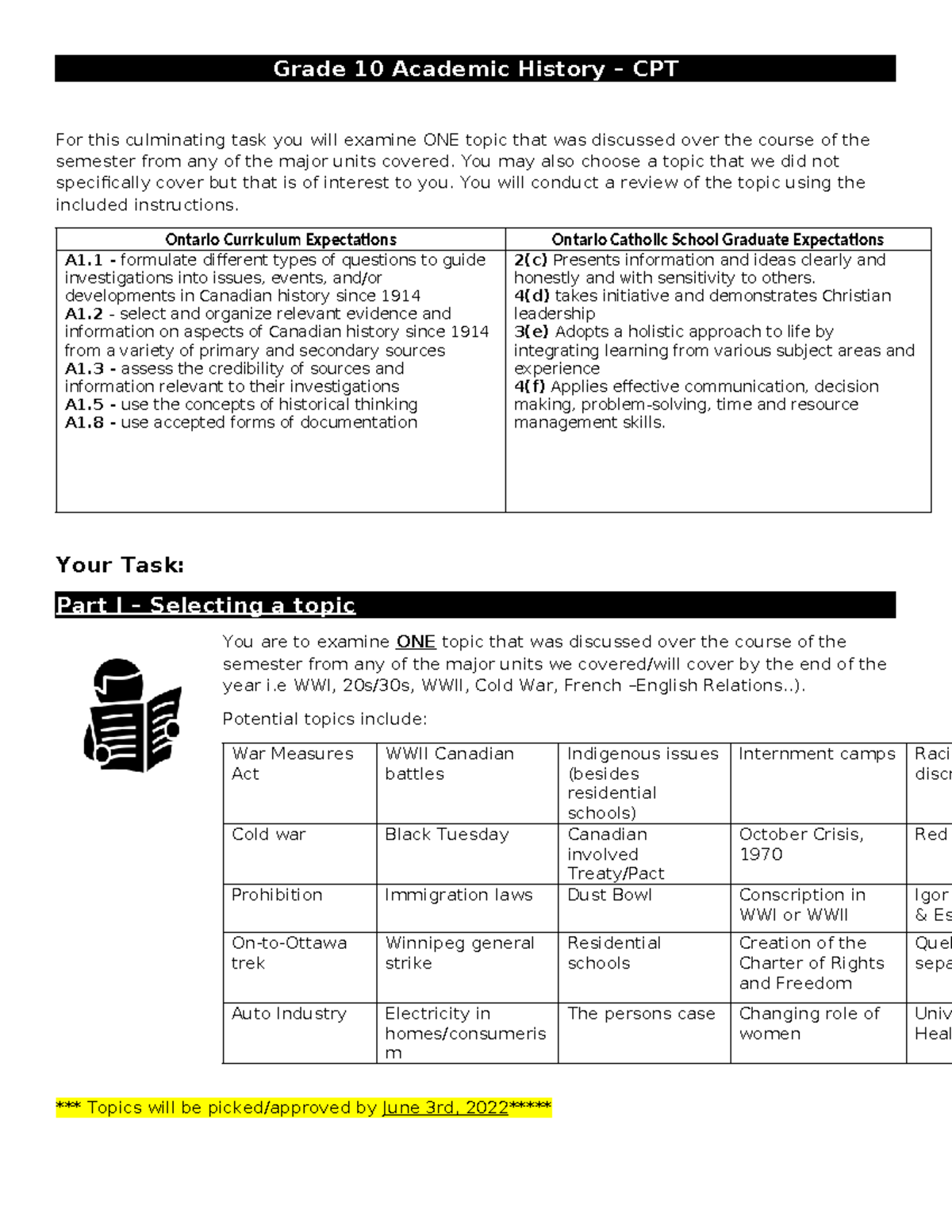 History CPT Instructions - Grade 10 Academic History – CPT For this ...