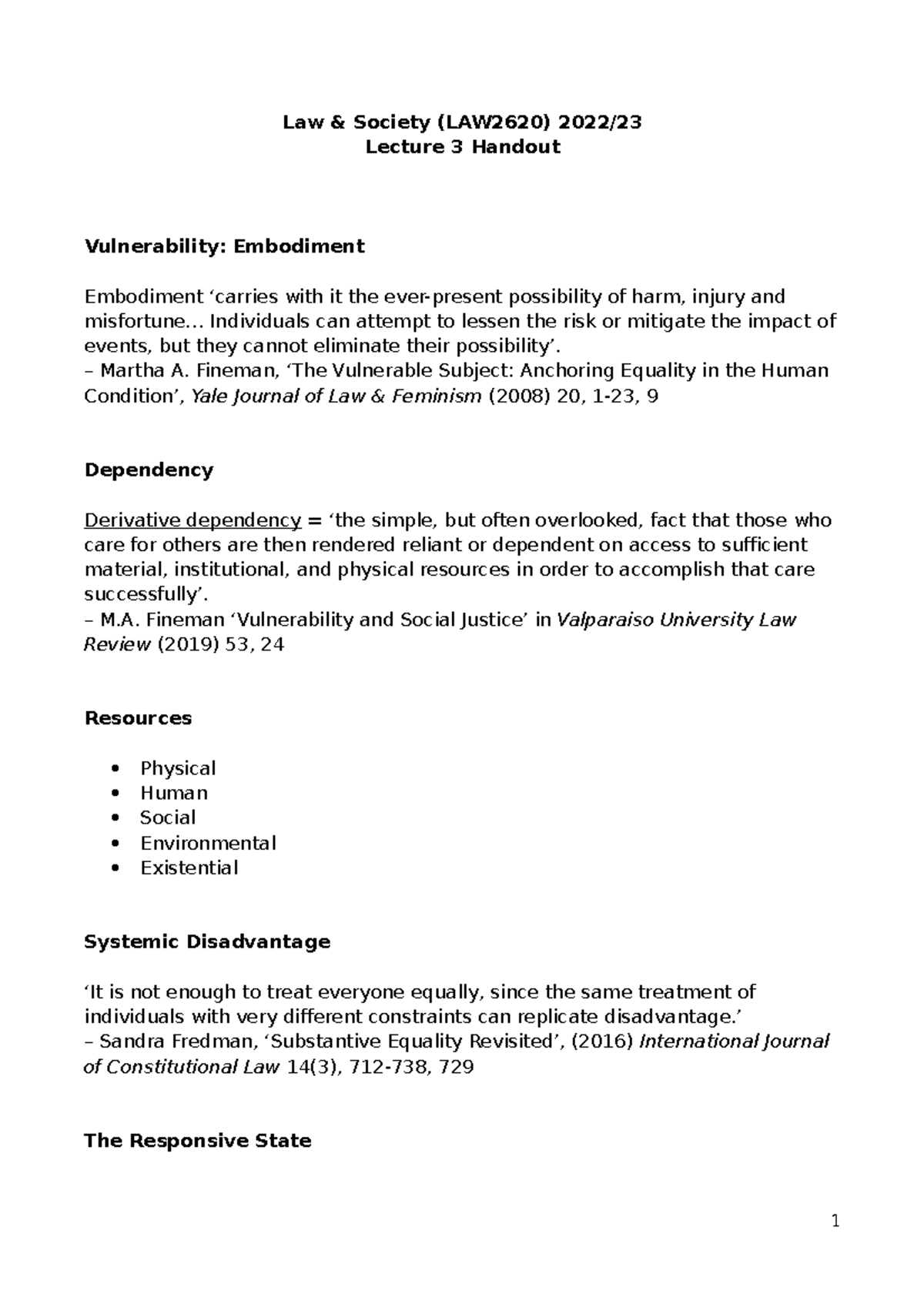 Law Society lecture 3 handout - Law & Society (LAW2620) 2022/ Lecture 3 Handout Vulnerability ...