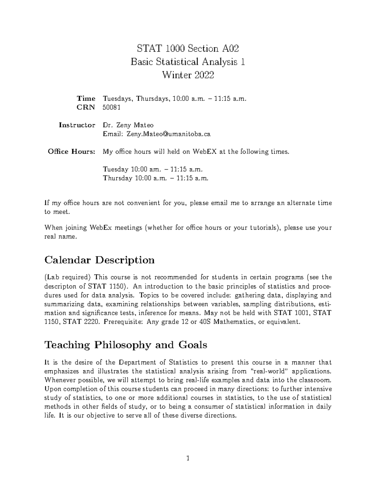 Winter -2022- A02- Course Outline Stat 1000 - STAT 1000 Section A Basic ...