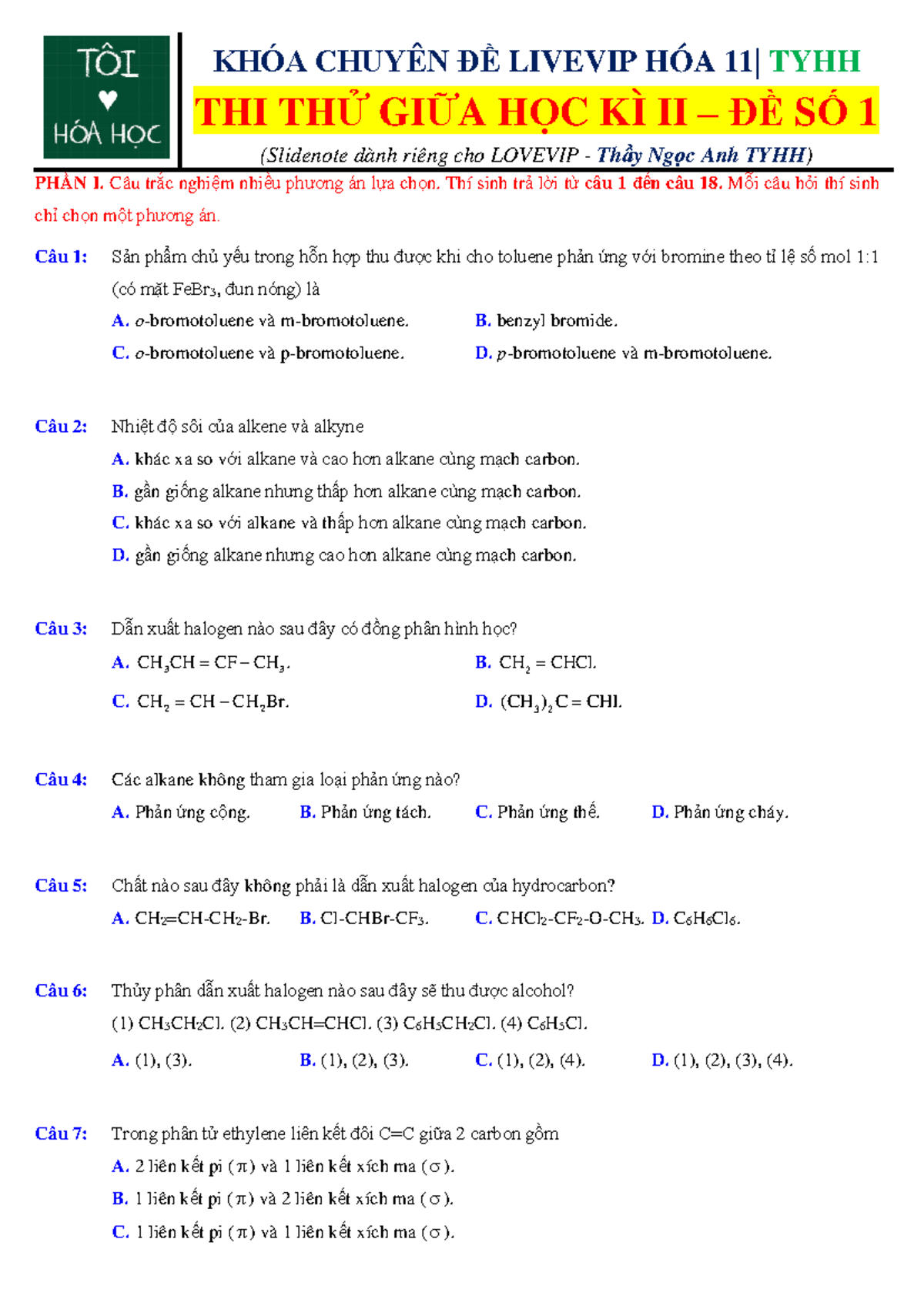 THI GIỮA KÌ II - ĐỀ SỐ 1, 2 - đề on tập - KHÓA CHUYÊN ĐỀ LIVEVIP HÓA 11 ...