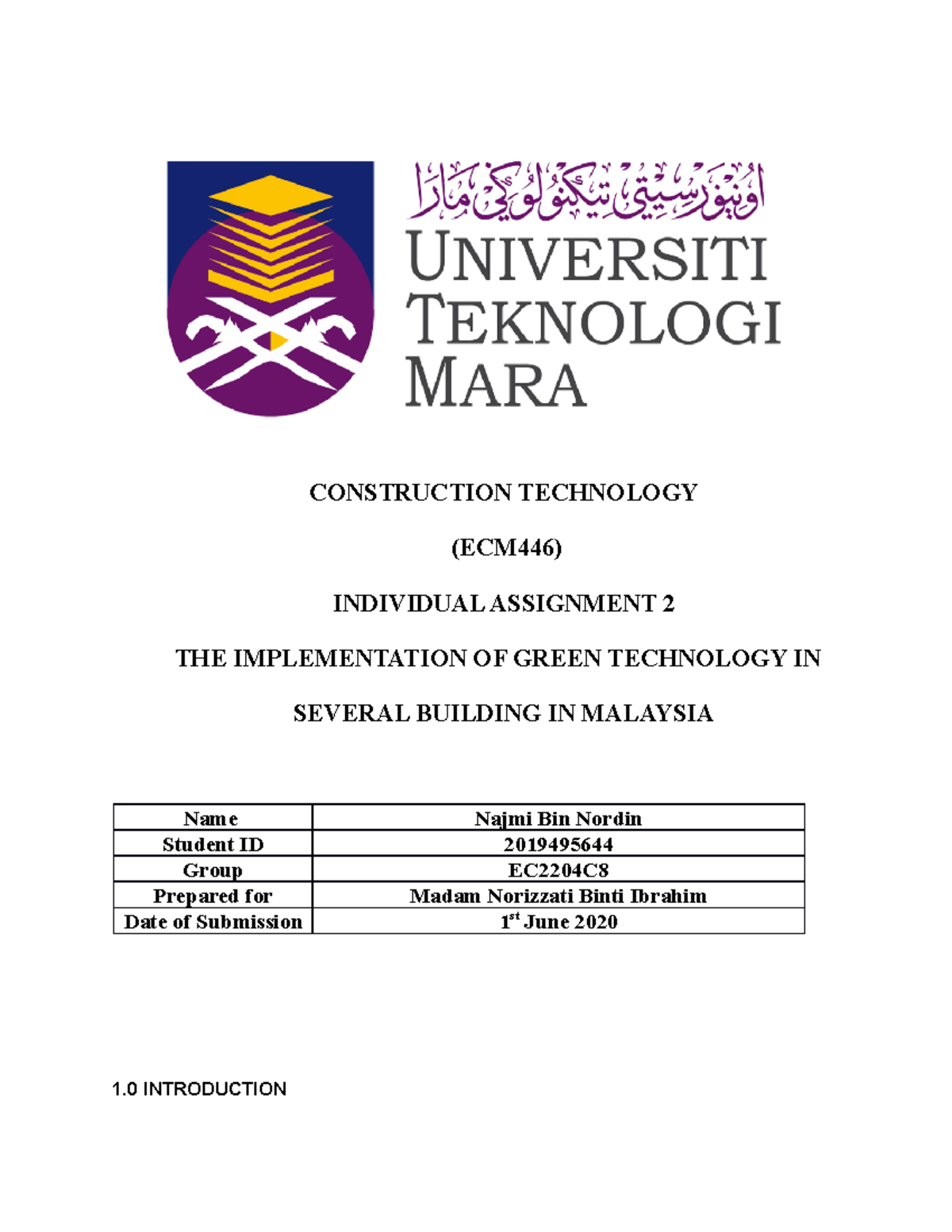 THE Implementation OF Green Technology IN - CONSTRUCTION TECHNOLOGY ...