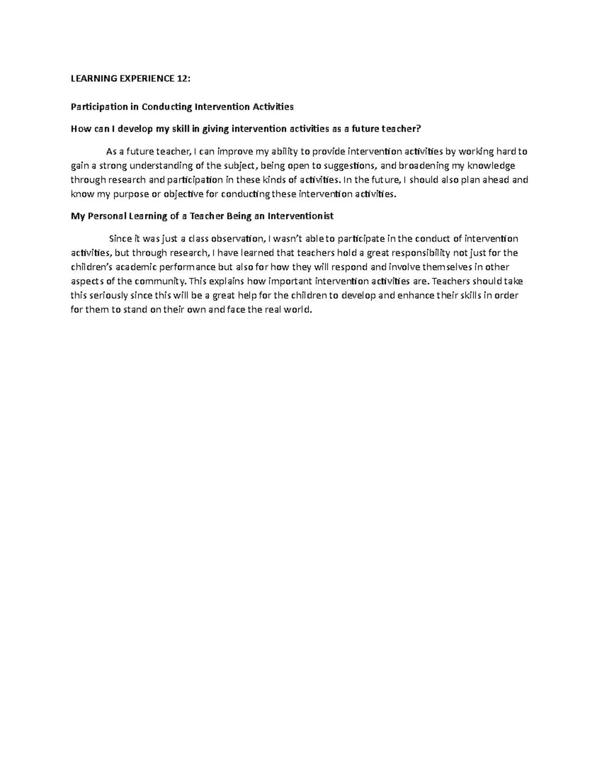 Participation in Conducting Intervention Activities - In the future, I ...