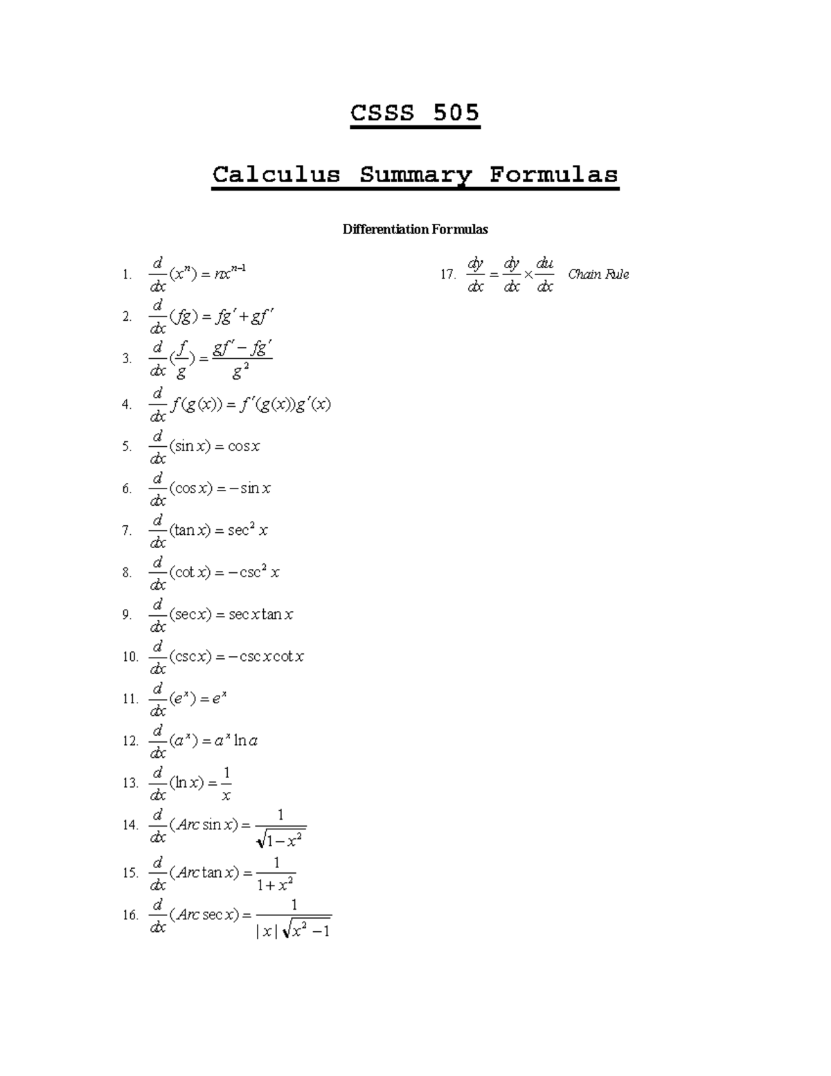Calculus Summary Formulas and Cheat Sheet - 505 Calculus Summary ...